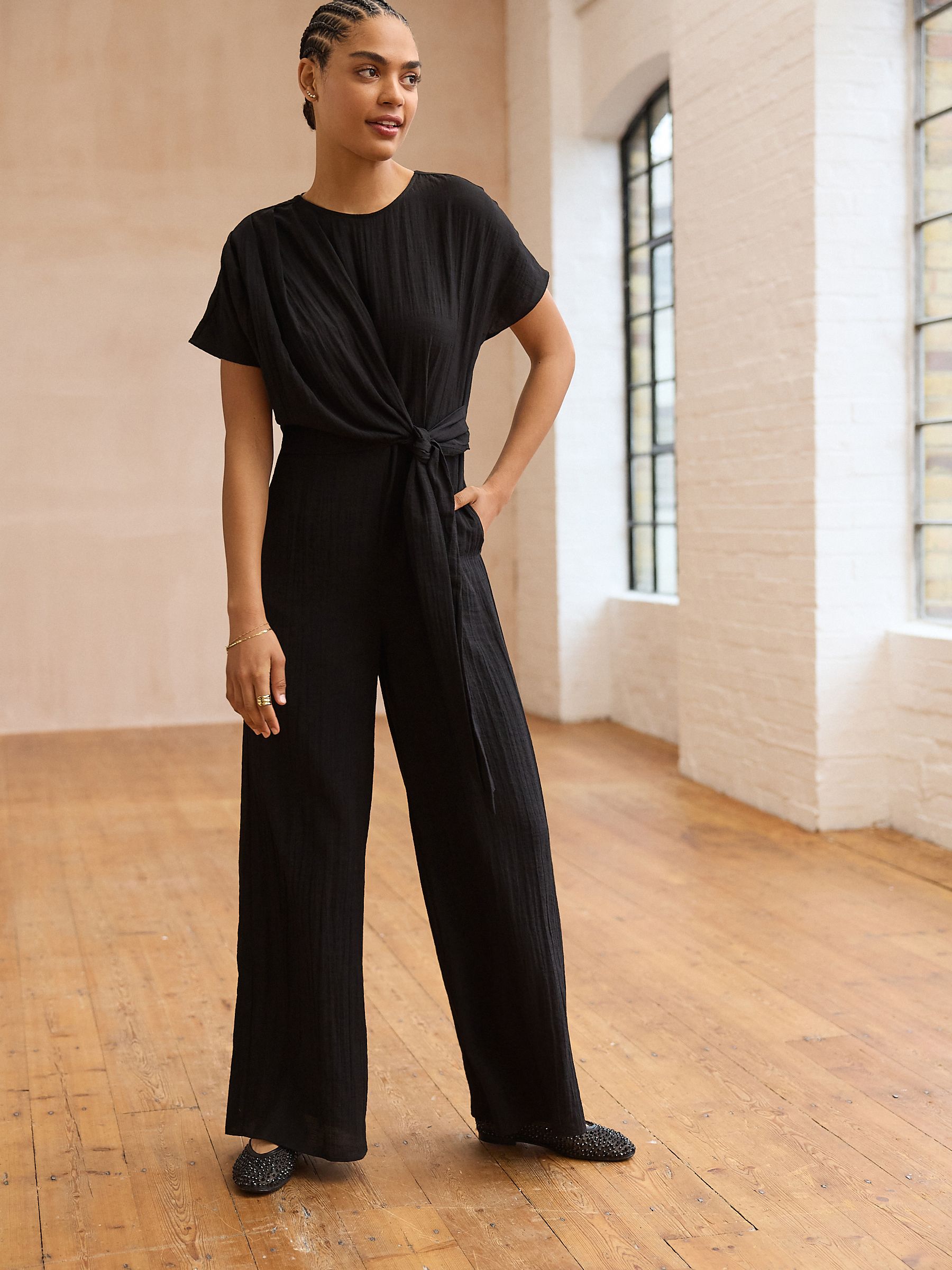 Buy Black Textured Tie Waist Detail Jumpsuit from the Next UK online shop