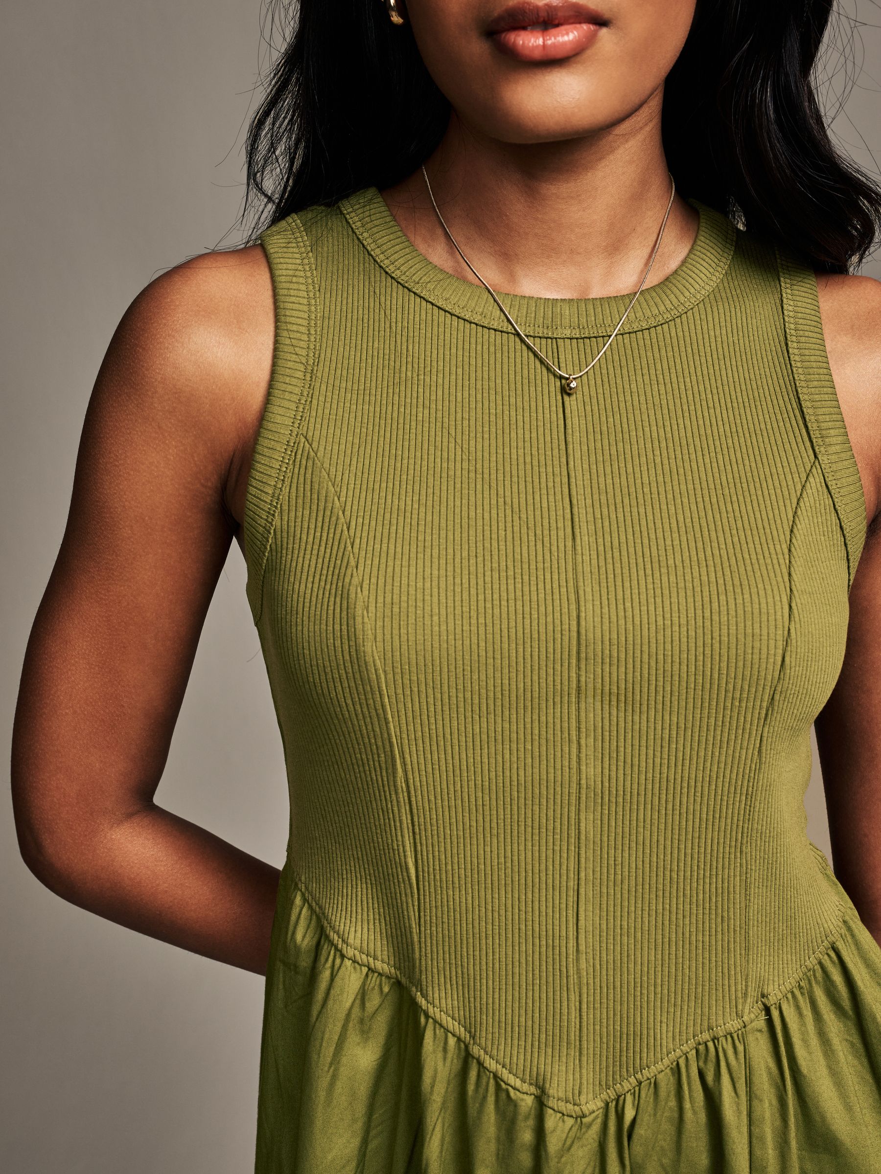 Buy Khaki Green Woven Jersey Mix Sleeveless Racer Ribbed Midi Dress ...
