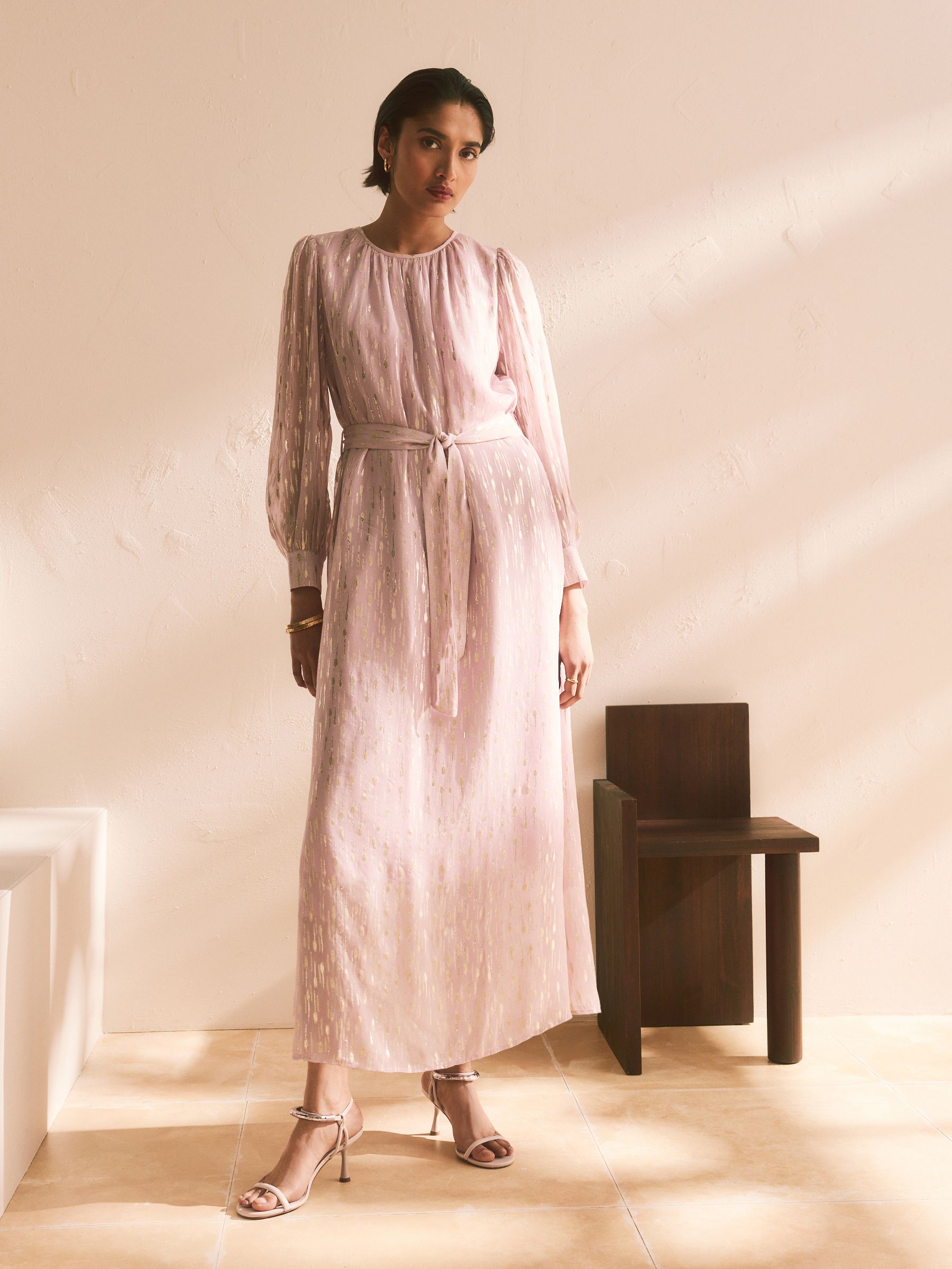 Buy Pastel Pink Long Sleeve Tie Waist Crew Neck Maxi Dress from the ...