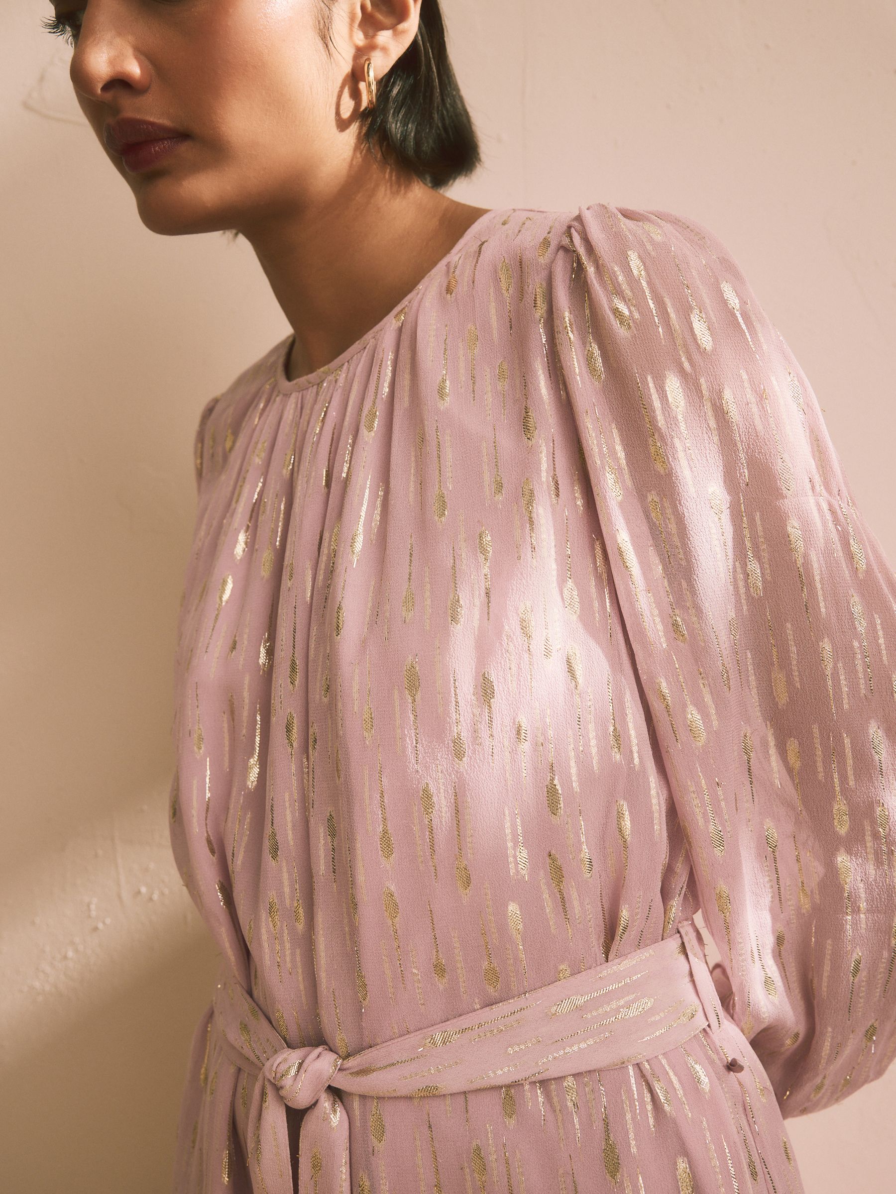 Buy Pastel Pink Long Sleeve Tie Waist Crew Neck Maxi Dress from the ...