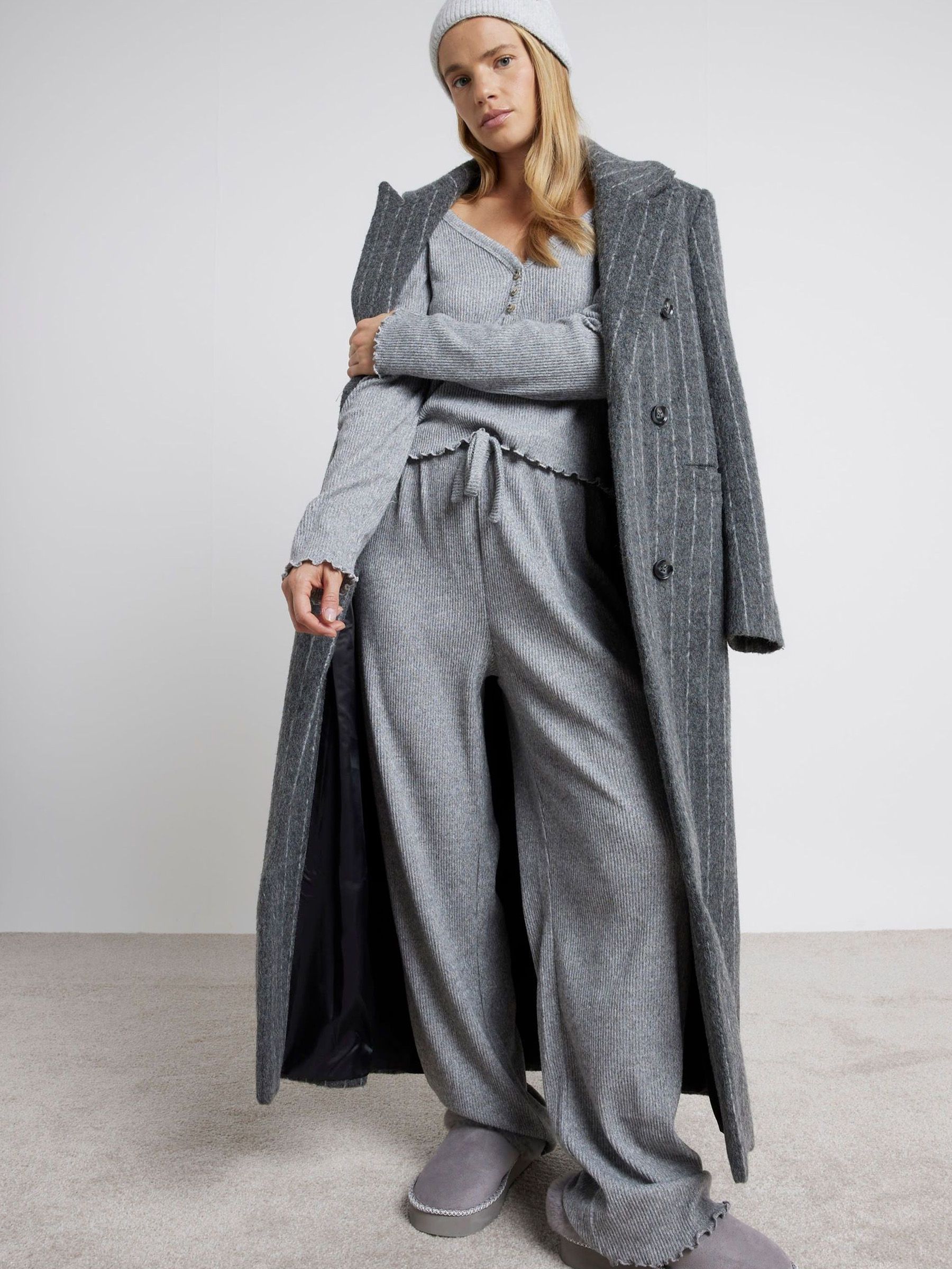 Buy River Island Grey Cosy Long Sleeve Rib Pyjamas Set from the Next UK ...