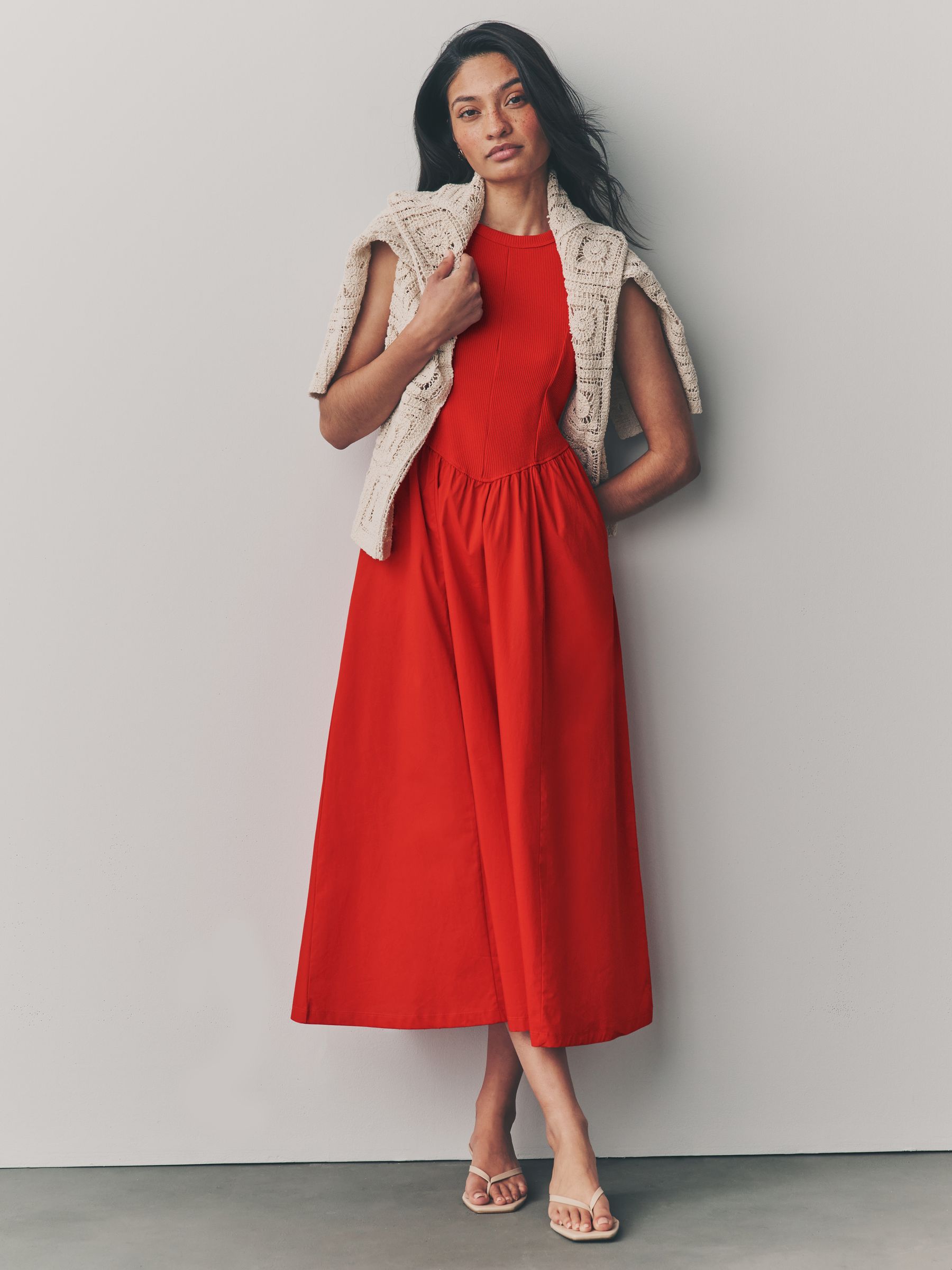 Buy Red Woven Jersey Mix Sleeveless Racer Ribbed Midi Dress from the ...