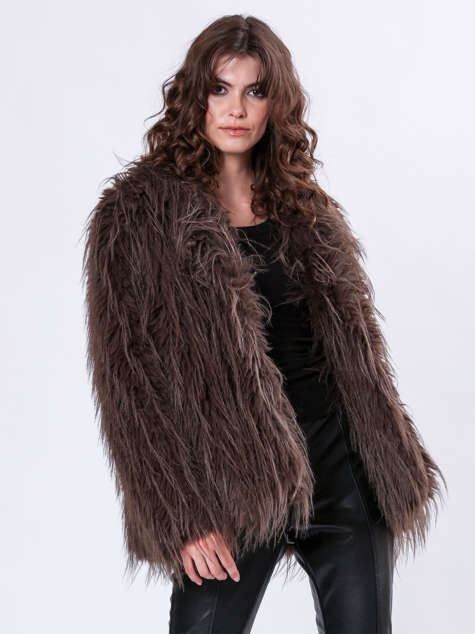 Buy Religion Brown Long Haired Short Relax Fur Coat in Shaggy Soft Faux ...