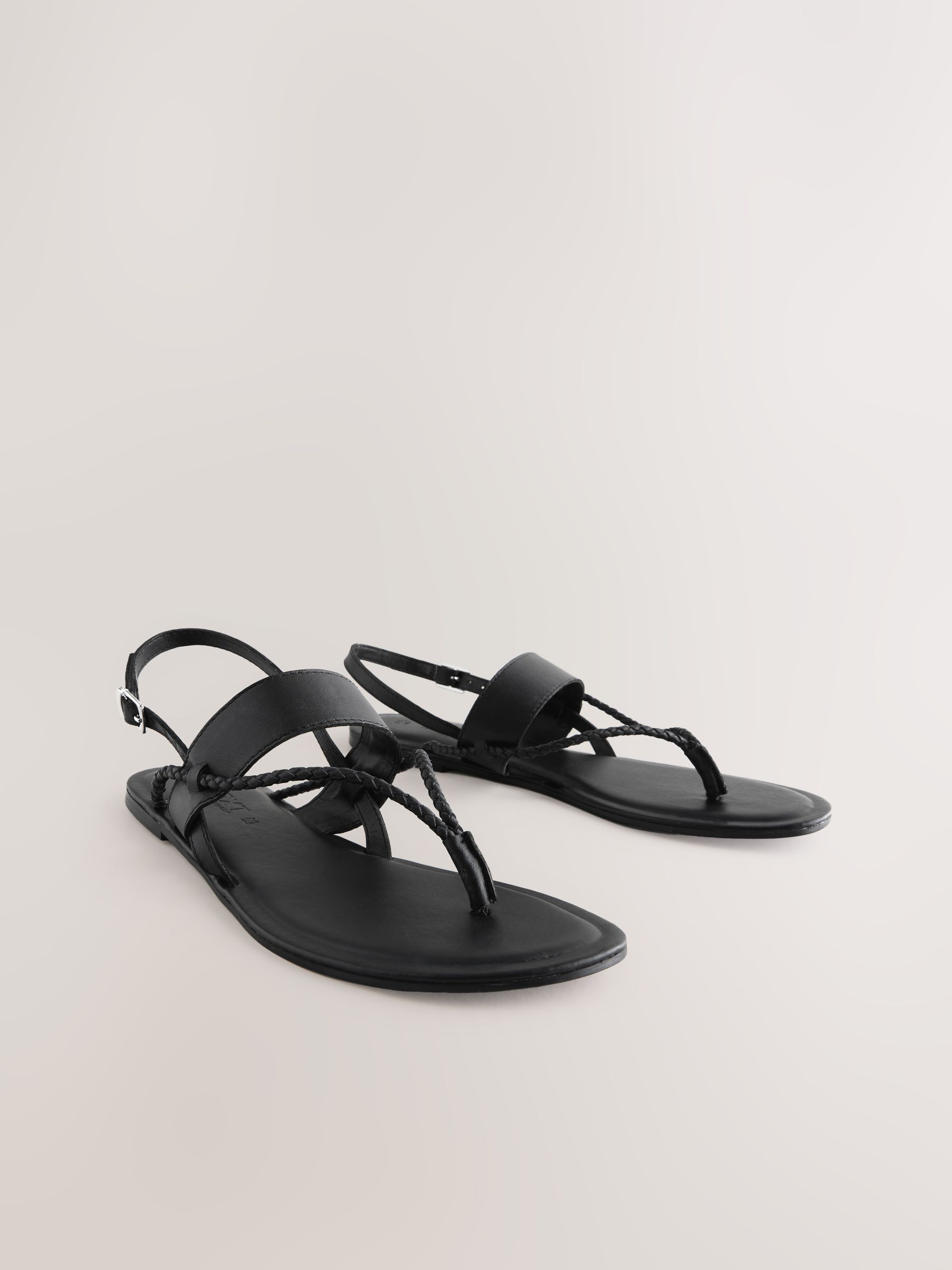 Buy Black Leather Standard/Wide Fit Plaited Toe Tong Sandals from the ...