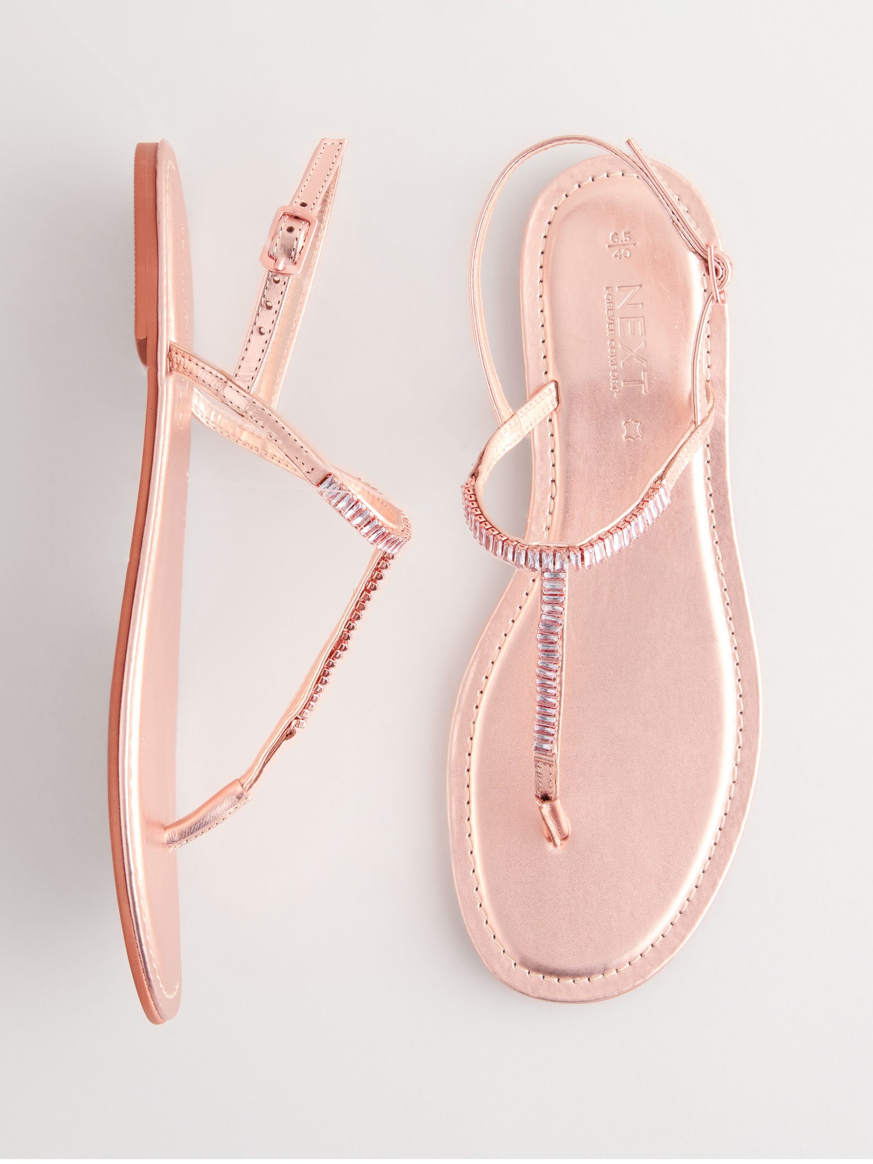 Buy Rose Gold Leather Standard/Wide Fit Jewelled T-Bar Toe Thong ...