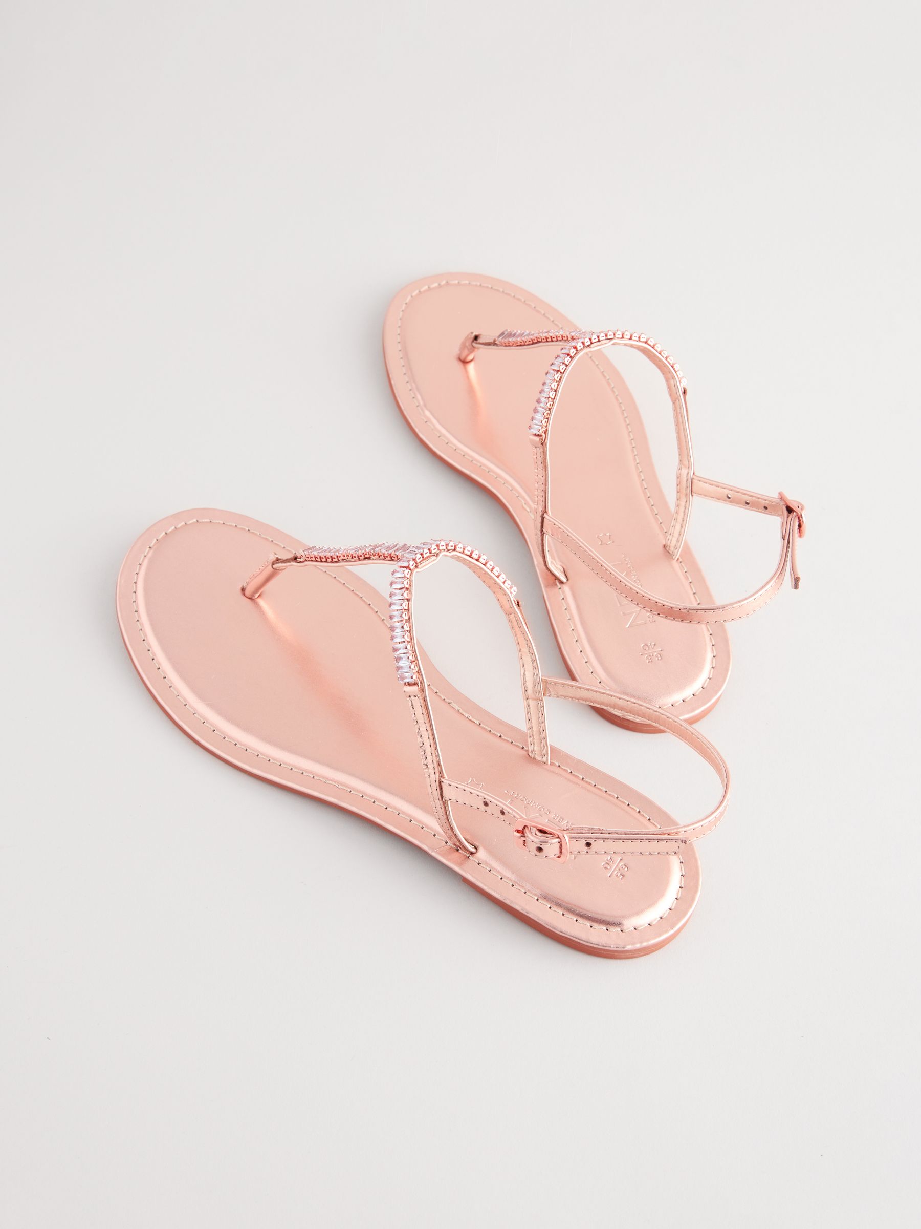 Buy Rose Gold Leather Standard/Wide Fit Jewelled T-Bar Toe Thong ...