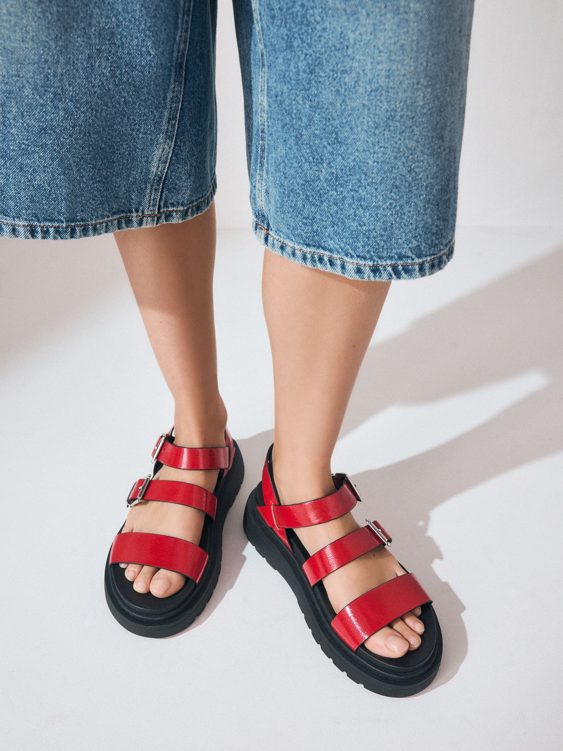 Buy Red Patent Standard/Wide Fit Chunky Buckled Sandals from the Next ...