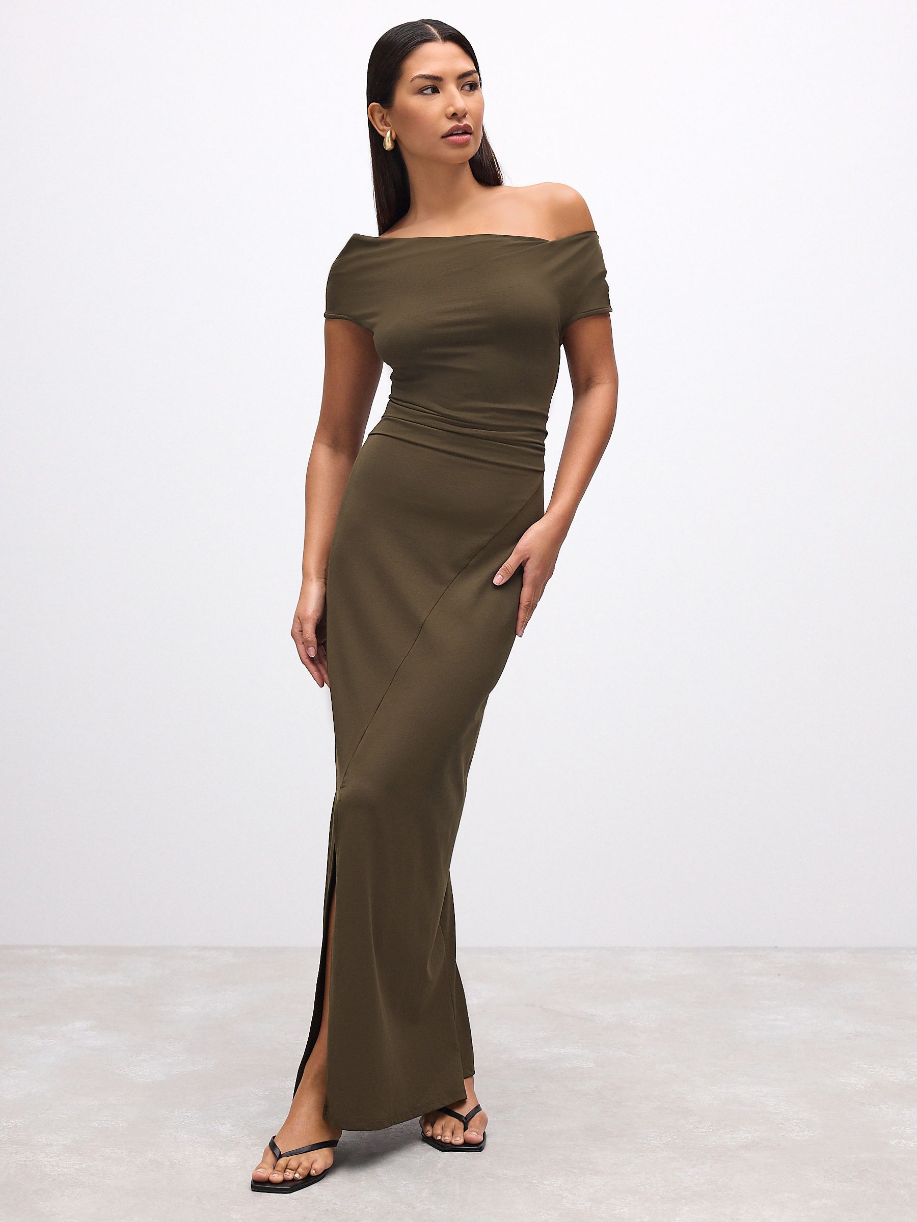 Buy Khaki Green Polyamide Slinky Ruched Off The Shoulder Midi Dress ...