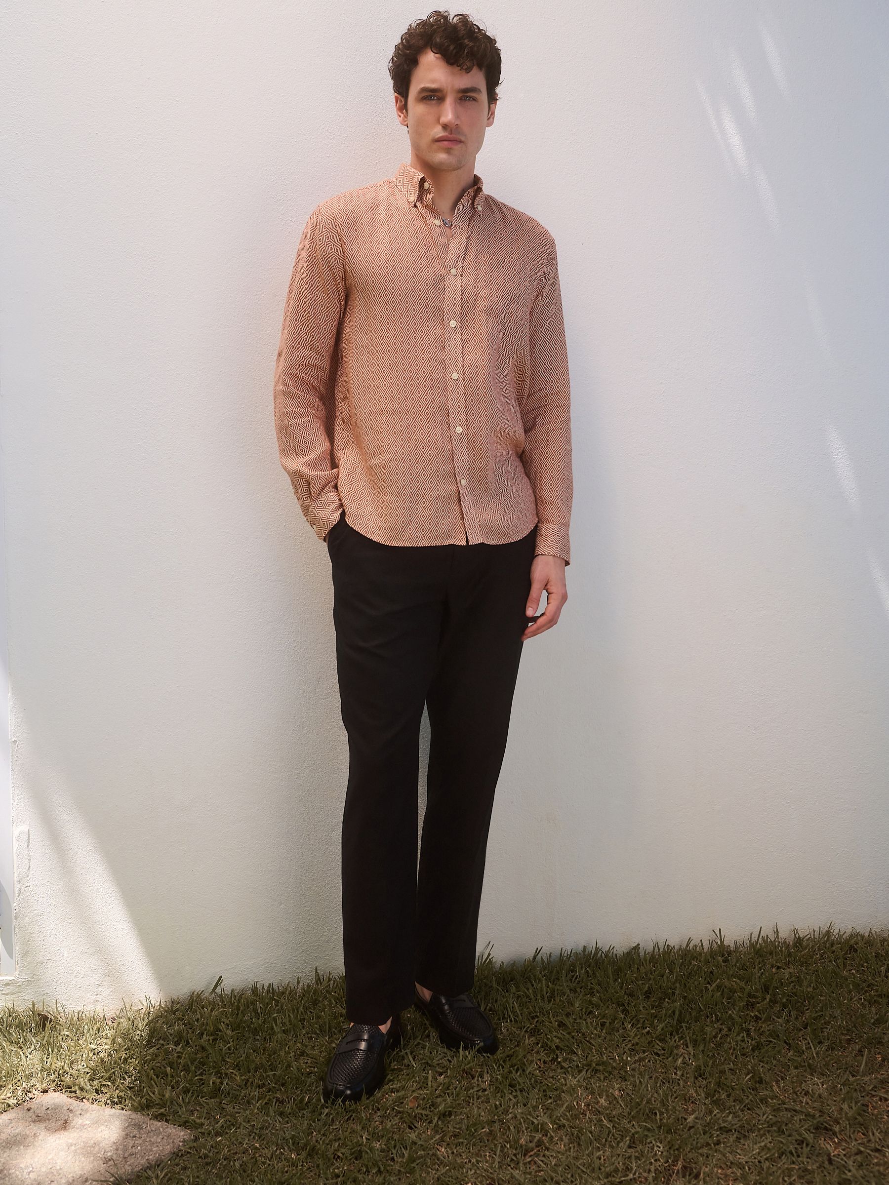 Buy Rust Brown Signature Printed Long Sleeve 100% Linen Shirt from the ...