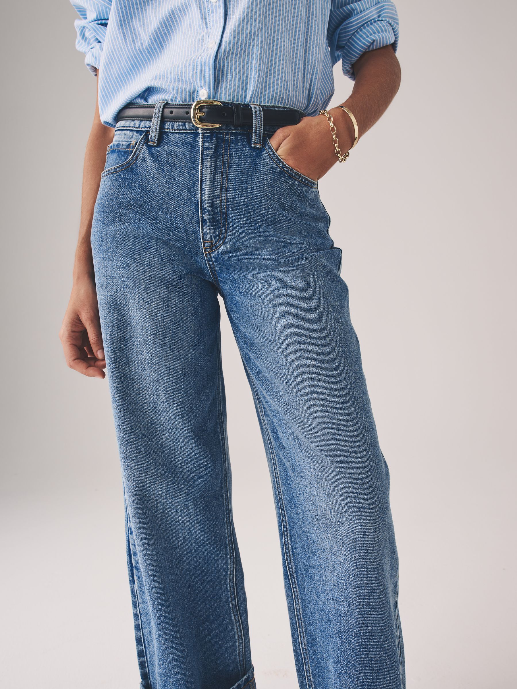 Buy The Set 2 Pack Wide Leg Turn Up Hem Jeans Mid Blue/Dark Blue from ...