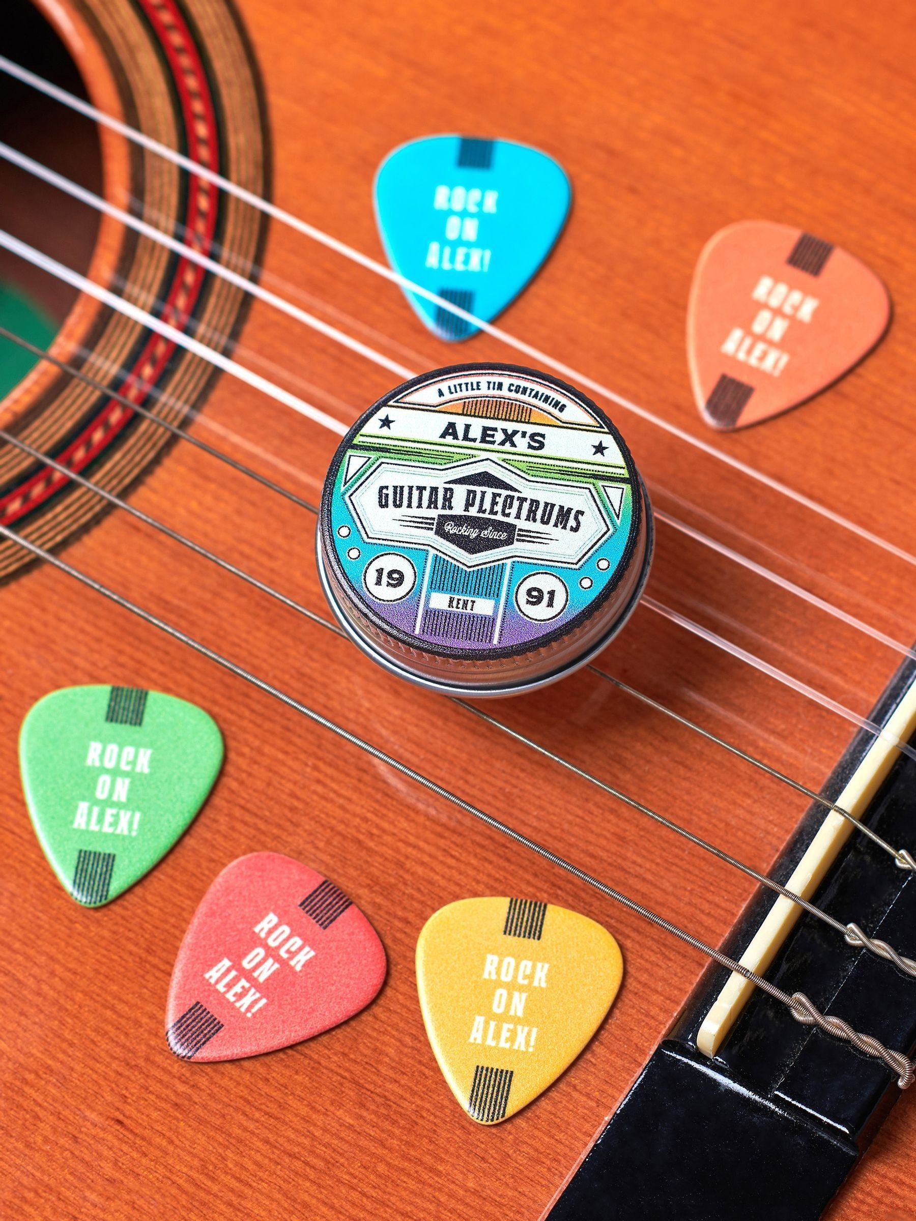 Buy Personalised Colourful Guitar Plectrums In Tin by Oakdene from the ...
