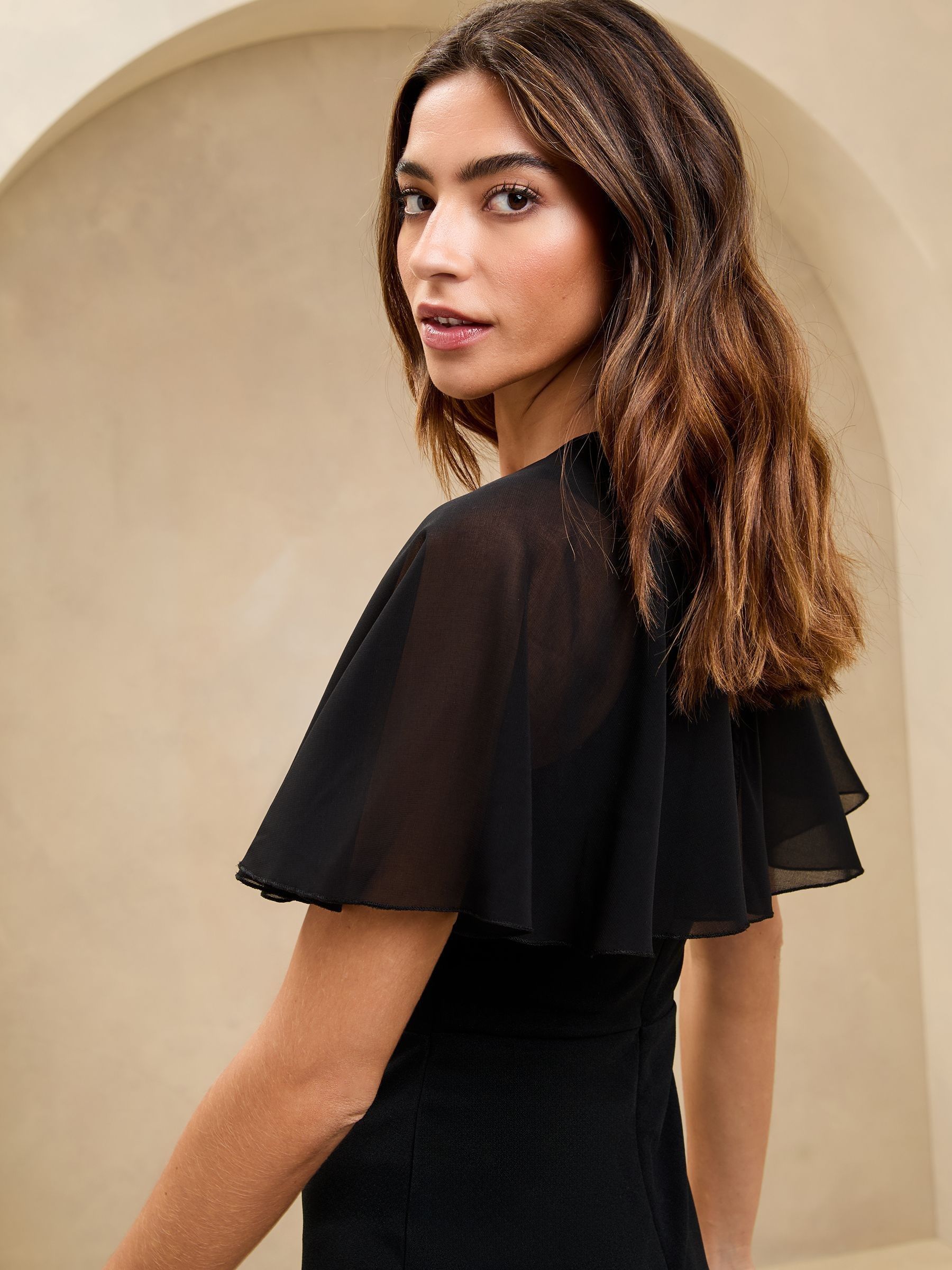 Buy Lipsy Black Woven Mix Cape Sleeve Bodycon Midi Dress With Gold ...