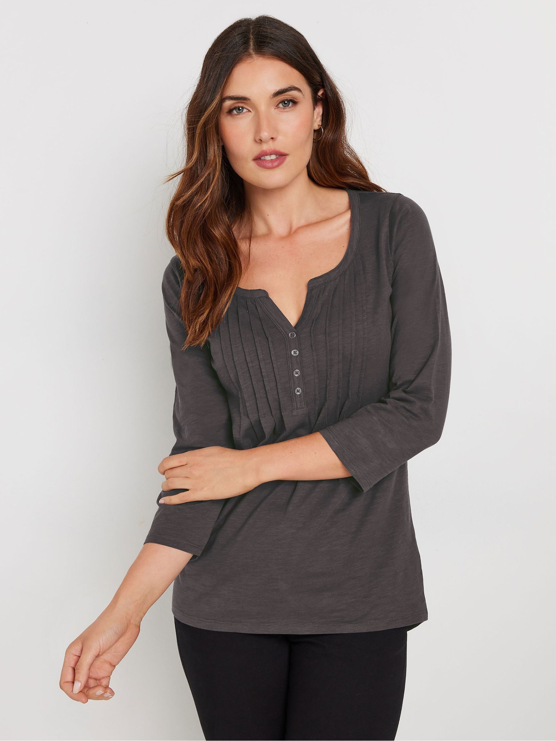 Buy Long Tall Sally Grey 3/4 Sleeve Pintuck Henley 100% Cotton Top from ...