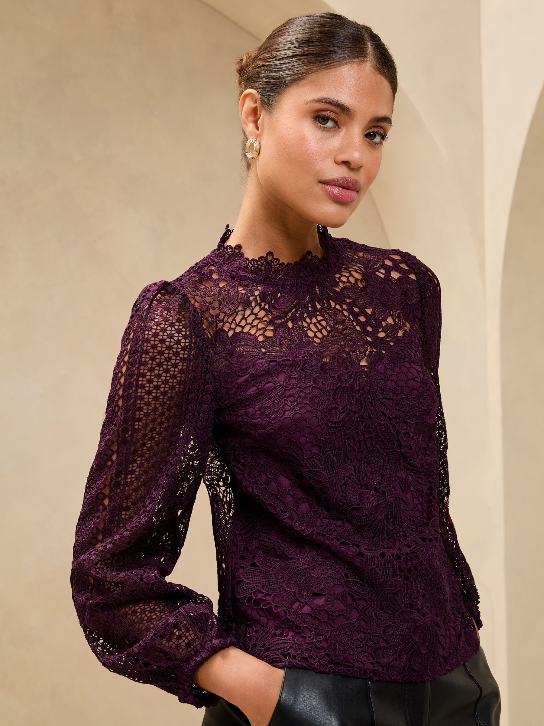 Buy Lipsy Plum Lace High Neck Blouson Blouse from the Next UK online shop