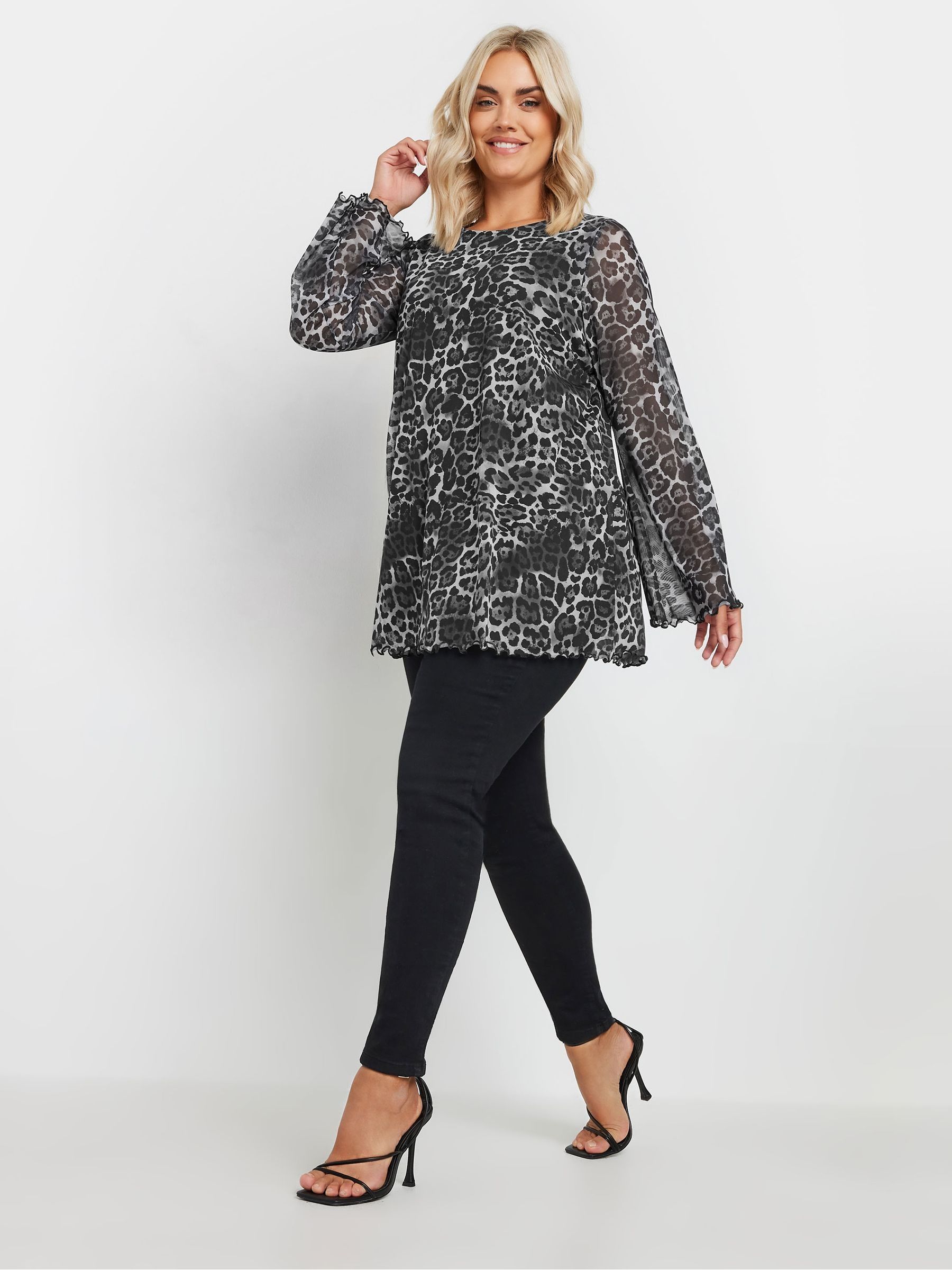 Buy Yours Curve Grey Mesh Flute Sleeve Leopard Print Top from the Next ...