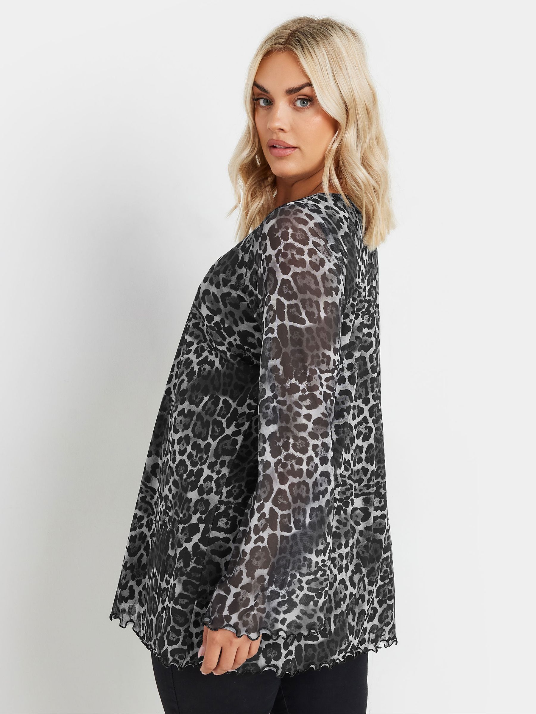 Buy Yours Curve Grey Mesh Flute Sleeve Leopard Print Top from the Next ...