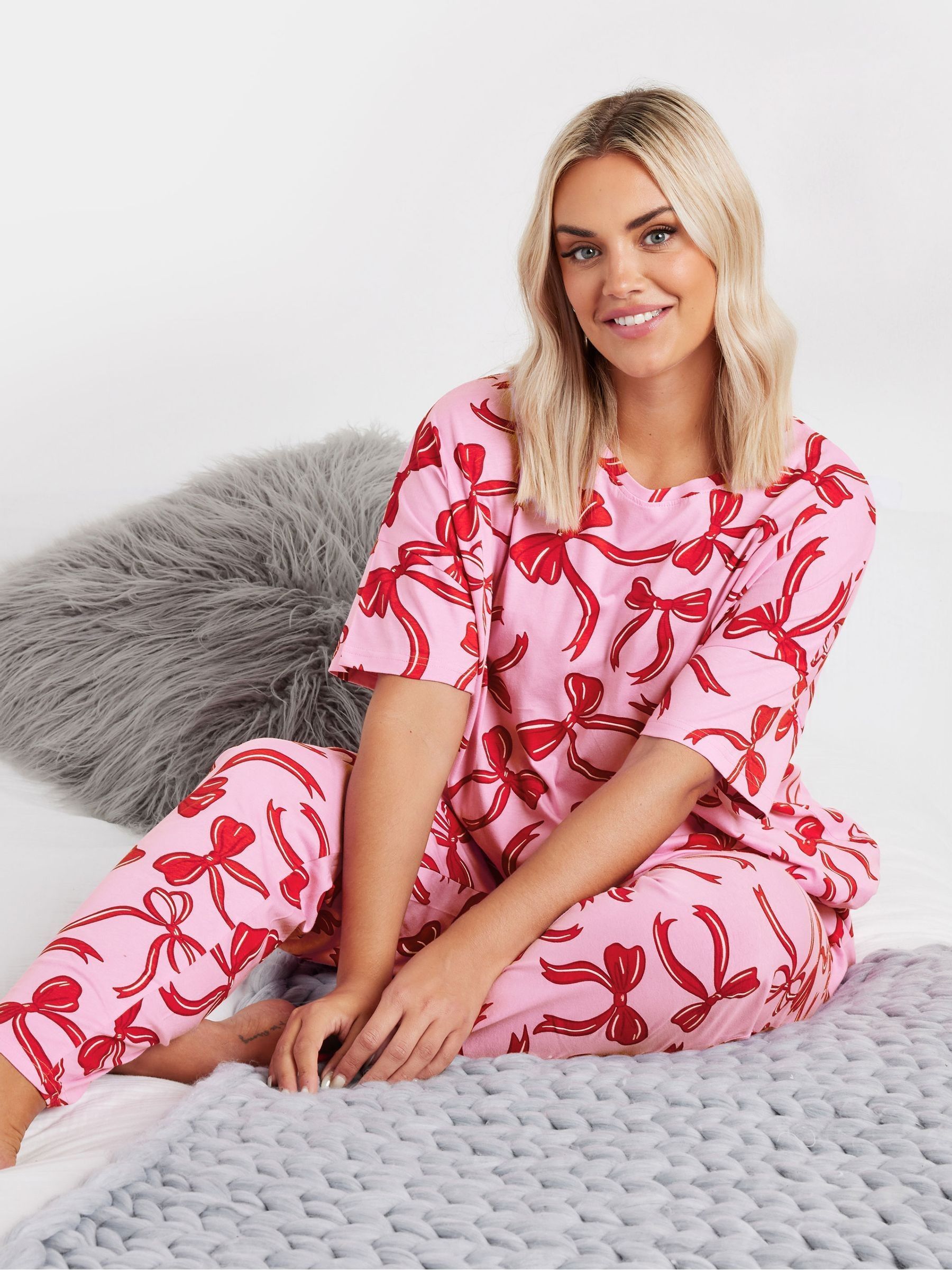 Buy Yours Curve Pink 100% Cotton Bows Short Sleeve Tapered Pyjamas Set ...