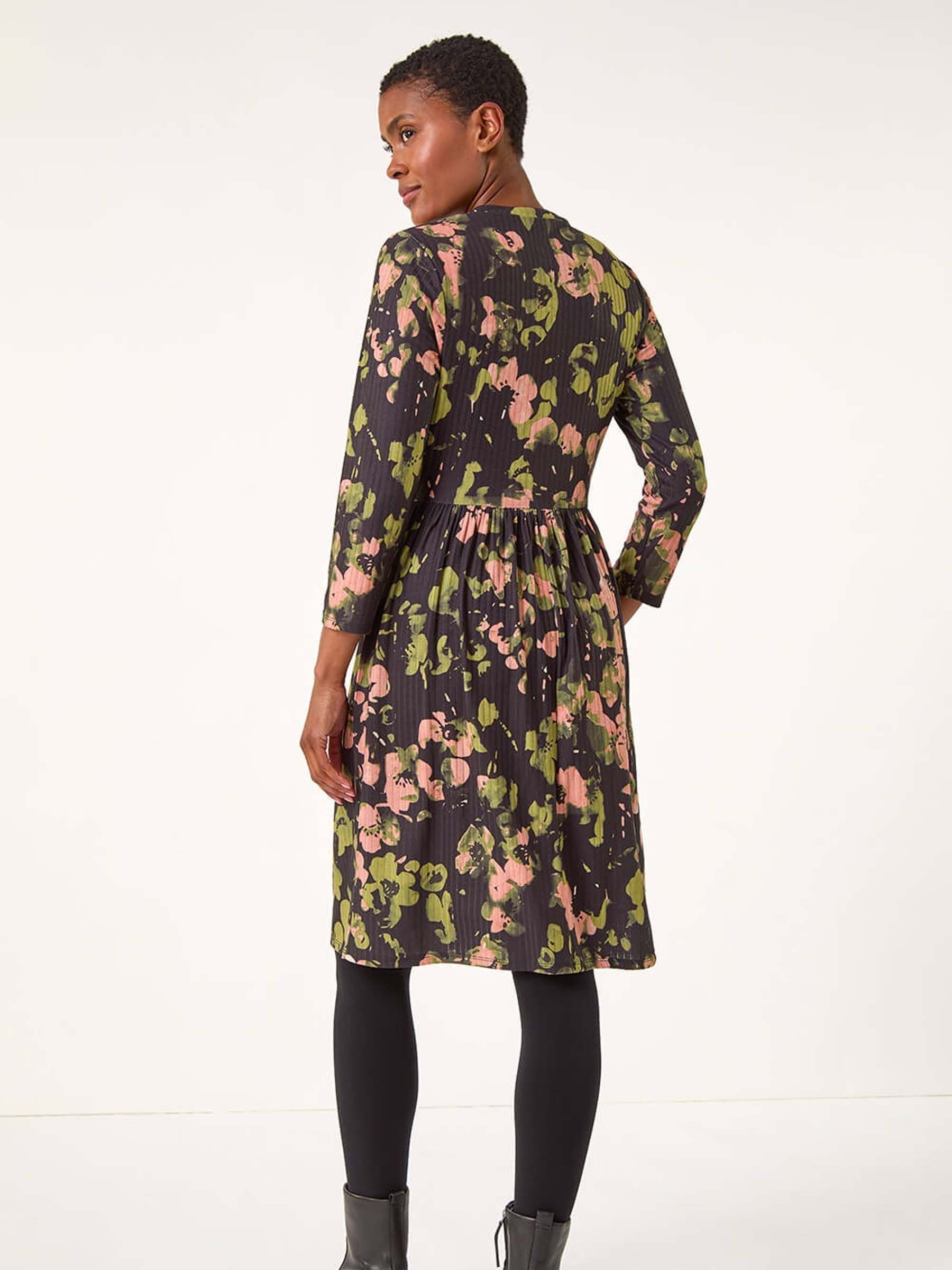 Buy Roman Pink/Black Floral Print Ribbed Gathered Waist Dress from the ...