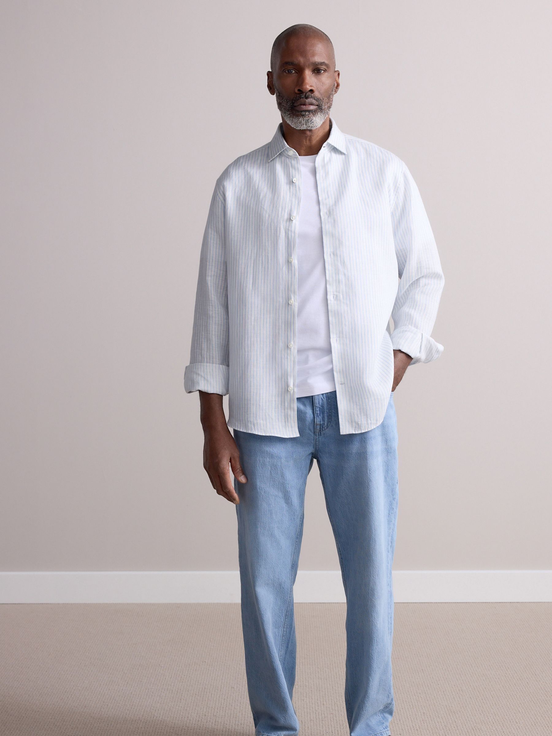 Buy Light Blue Straight Fit Signature Lightweight Cotton Linen Jeans ...