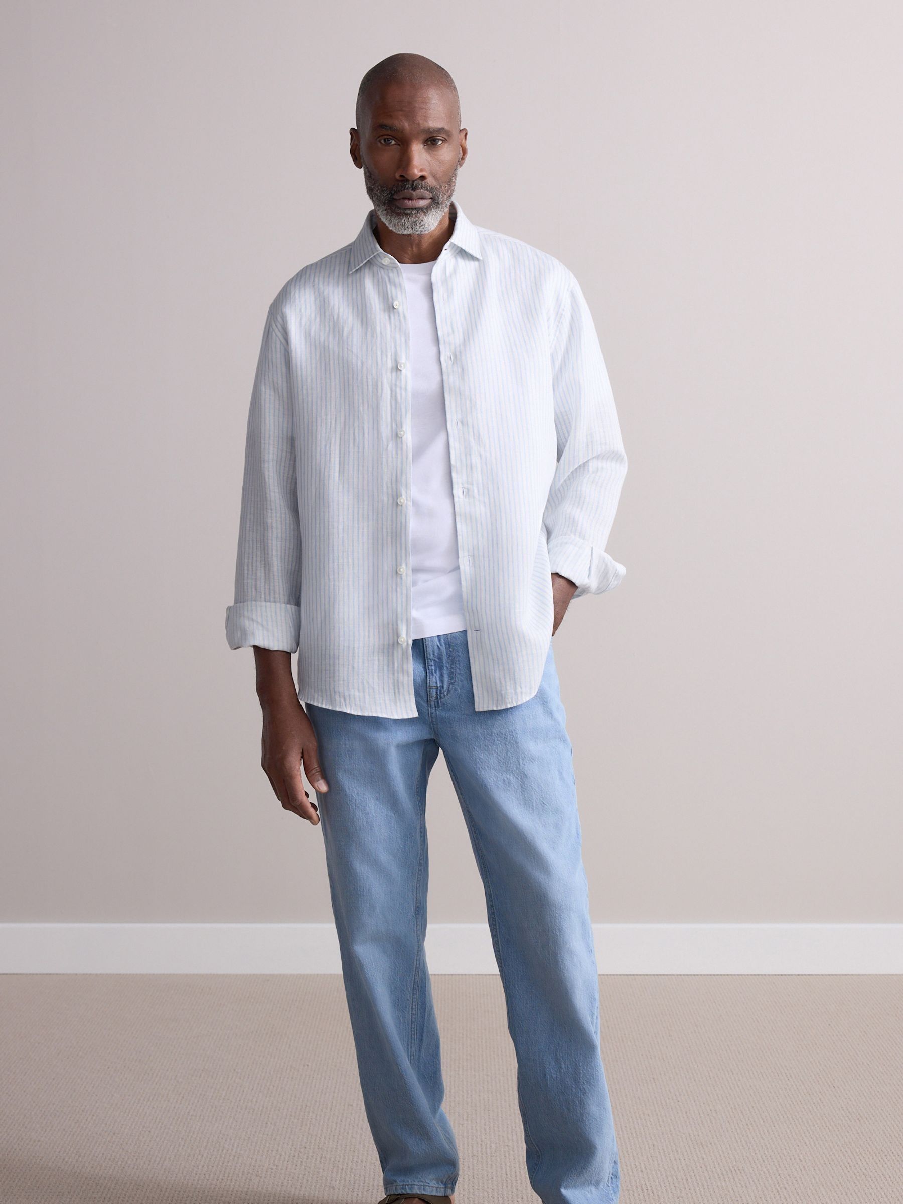 Buy Light Blue Straight Fit Signature Lightweight Cotton Linen Jeans ...