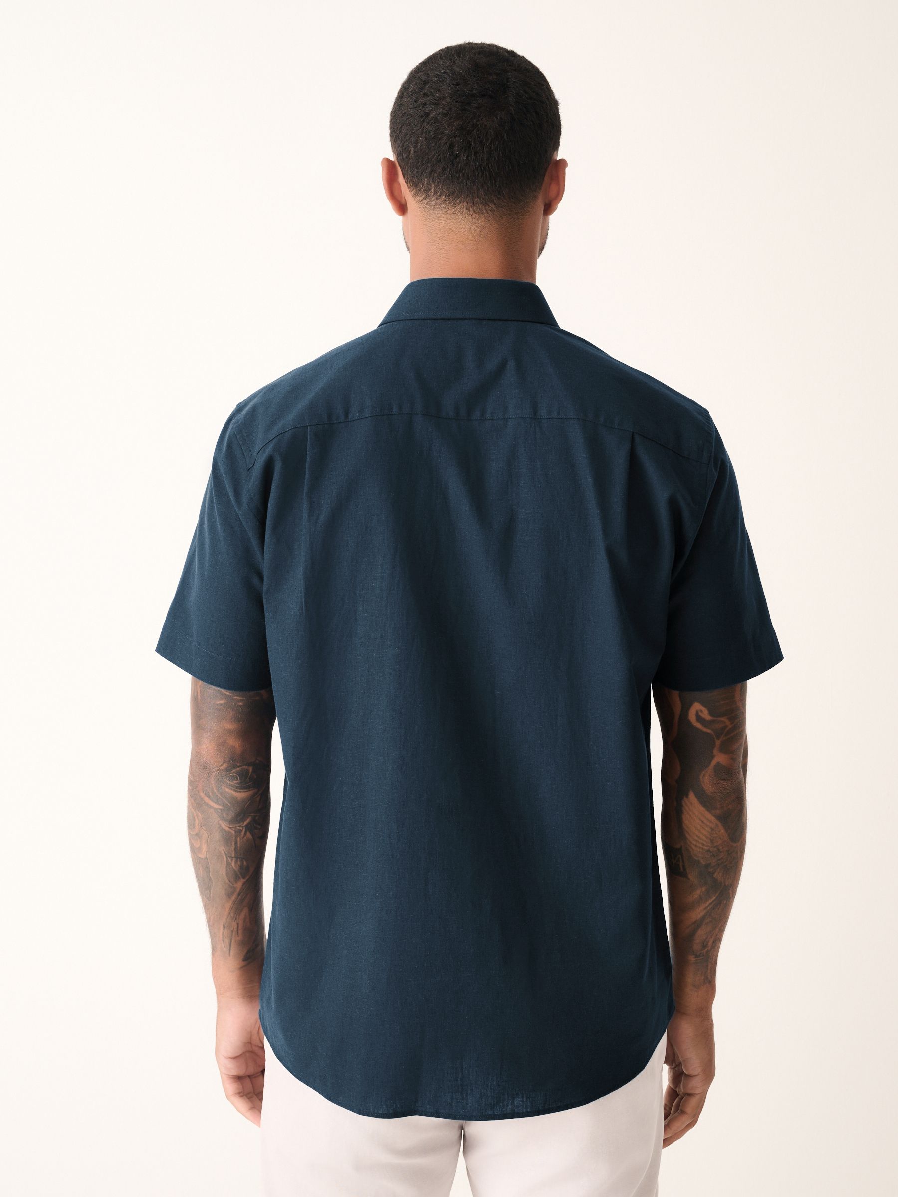 Buy Navy Blue Regular Fit Cotton/Linen Blend Short Sleeve Cutaway ...