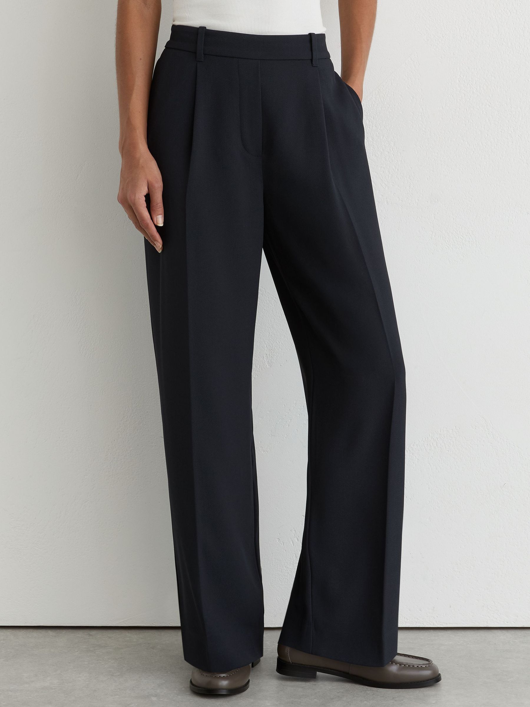 Buy Reiss Navy Eden Elasticated-Waist Wide-Leg Twill Trousers from the ...
