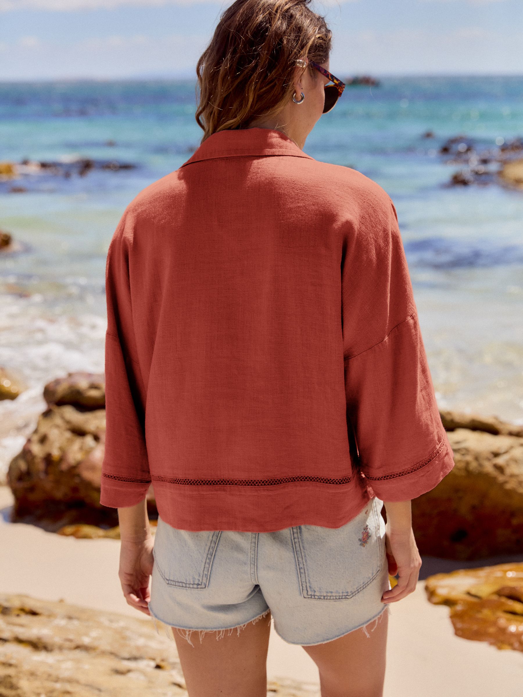 Buy Rust Brown Linen Blend Short Sleeve Ladder Insert Shirt from the ...