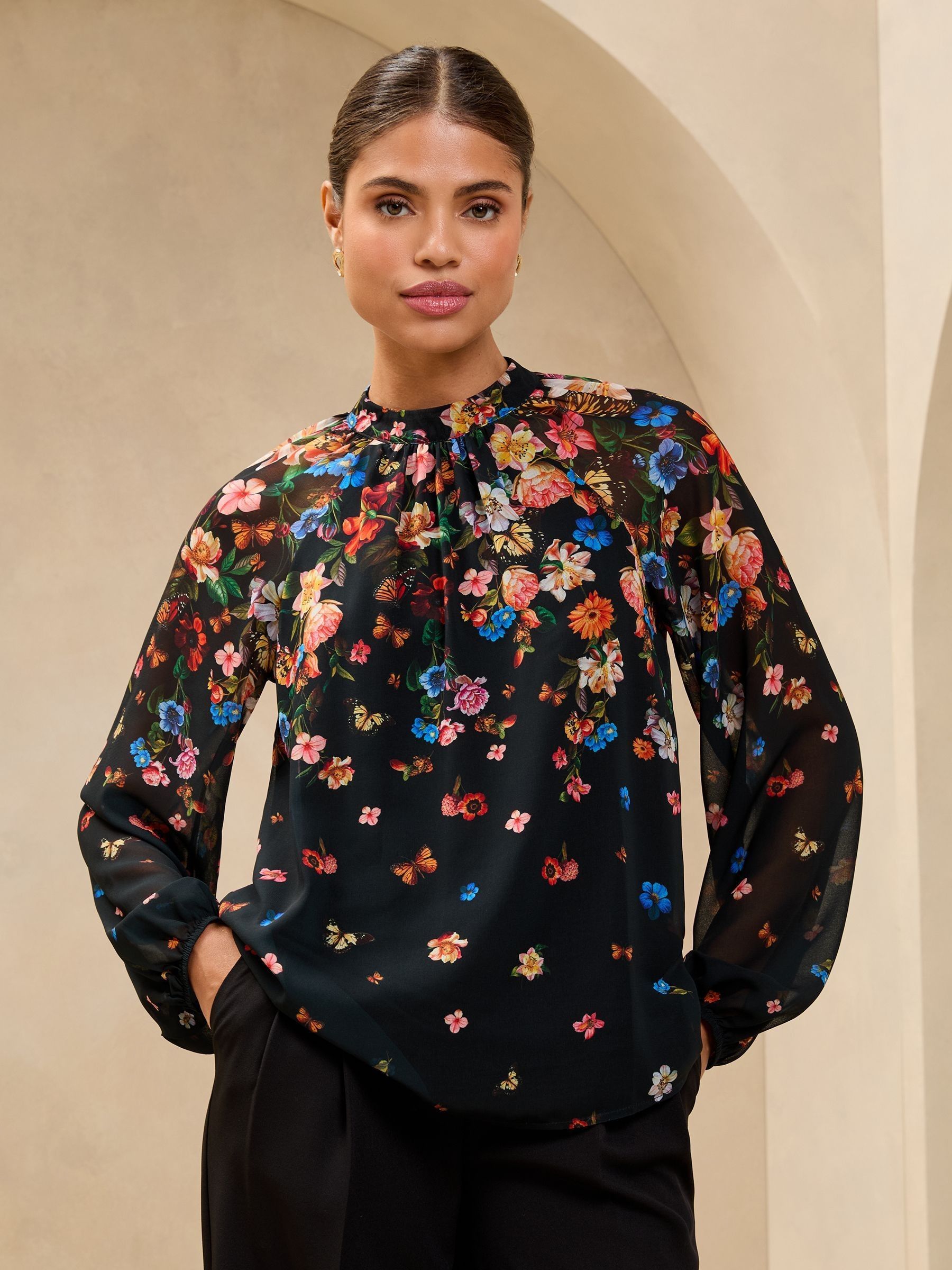 Buy Lipsy Black Print High Neck Blouson Blouse from the Next UK online shop