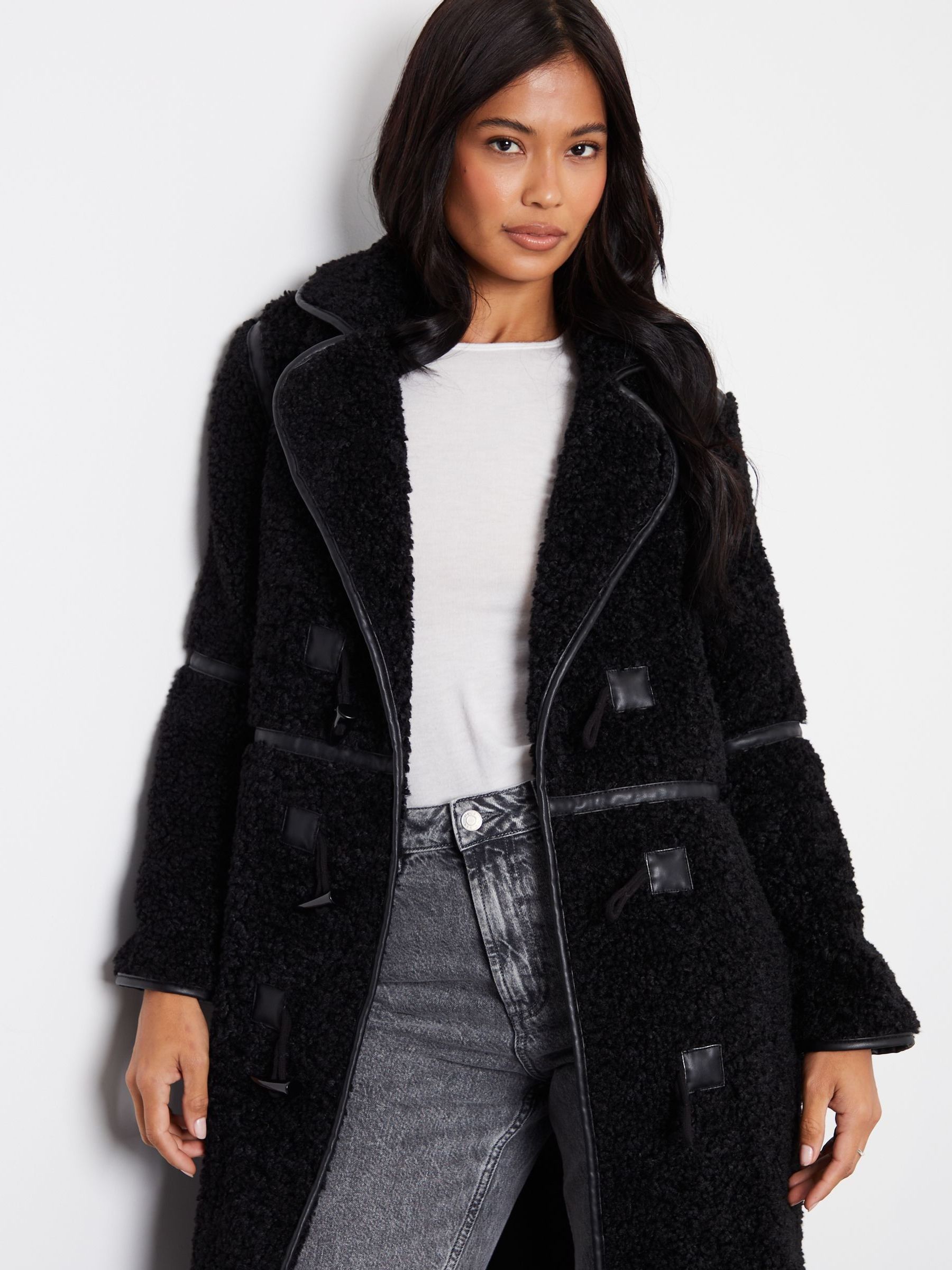 Buy Threadbare Black Longline Borg Toggle Coat With PU Trim from the ...