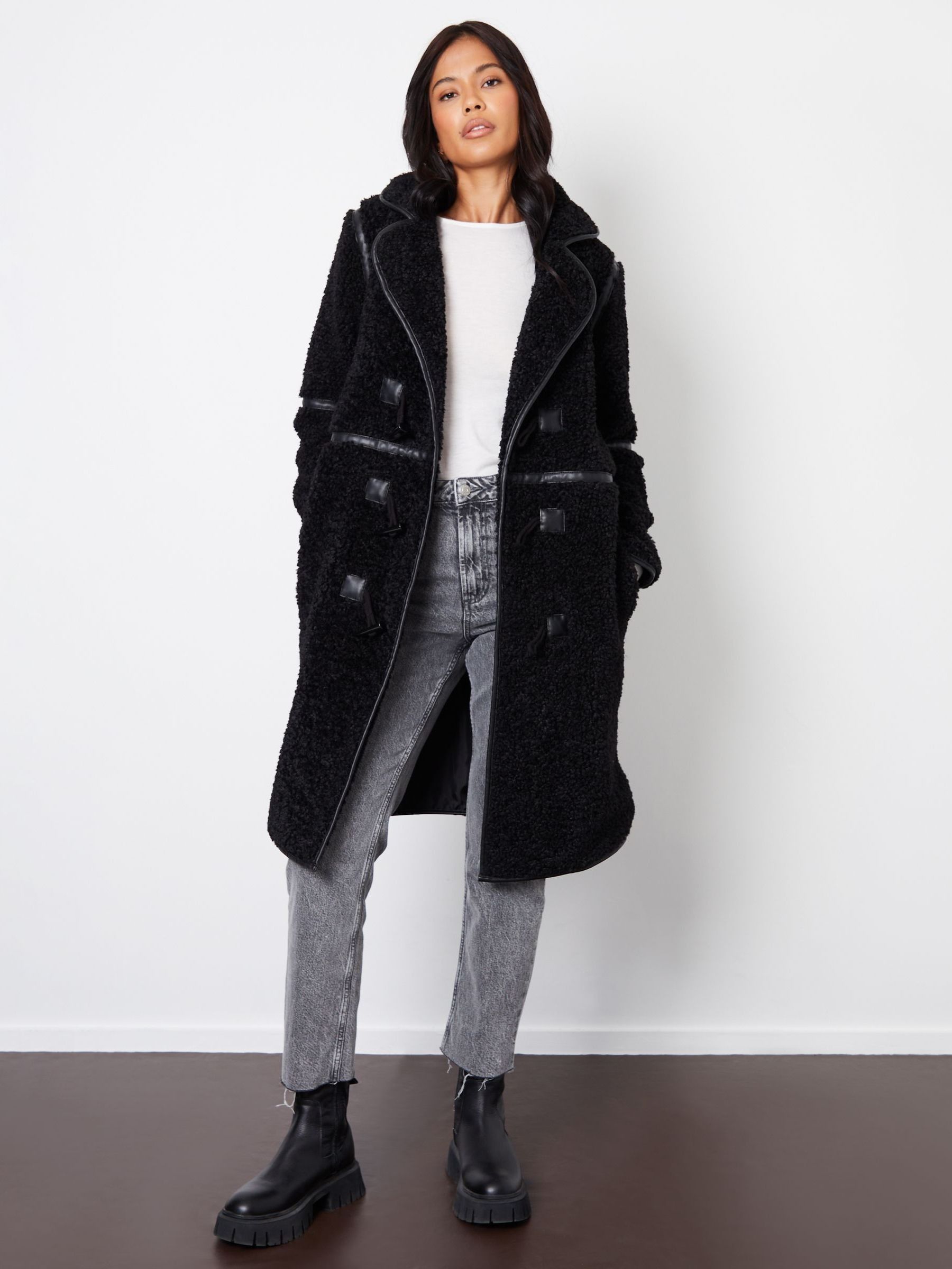 Buy Threadbare Black Longline Borg Toggle Coat With PU Trim from the ...