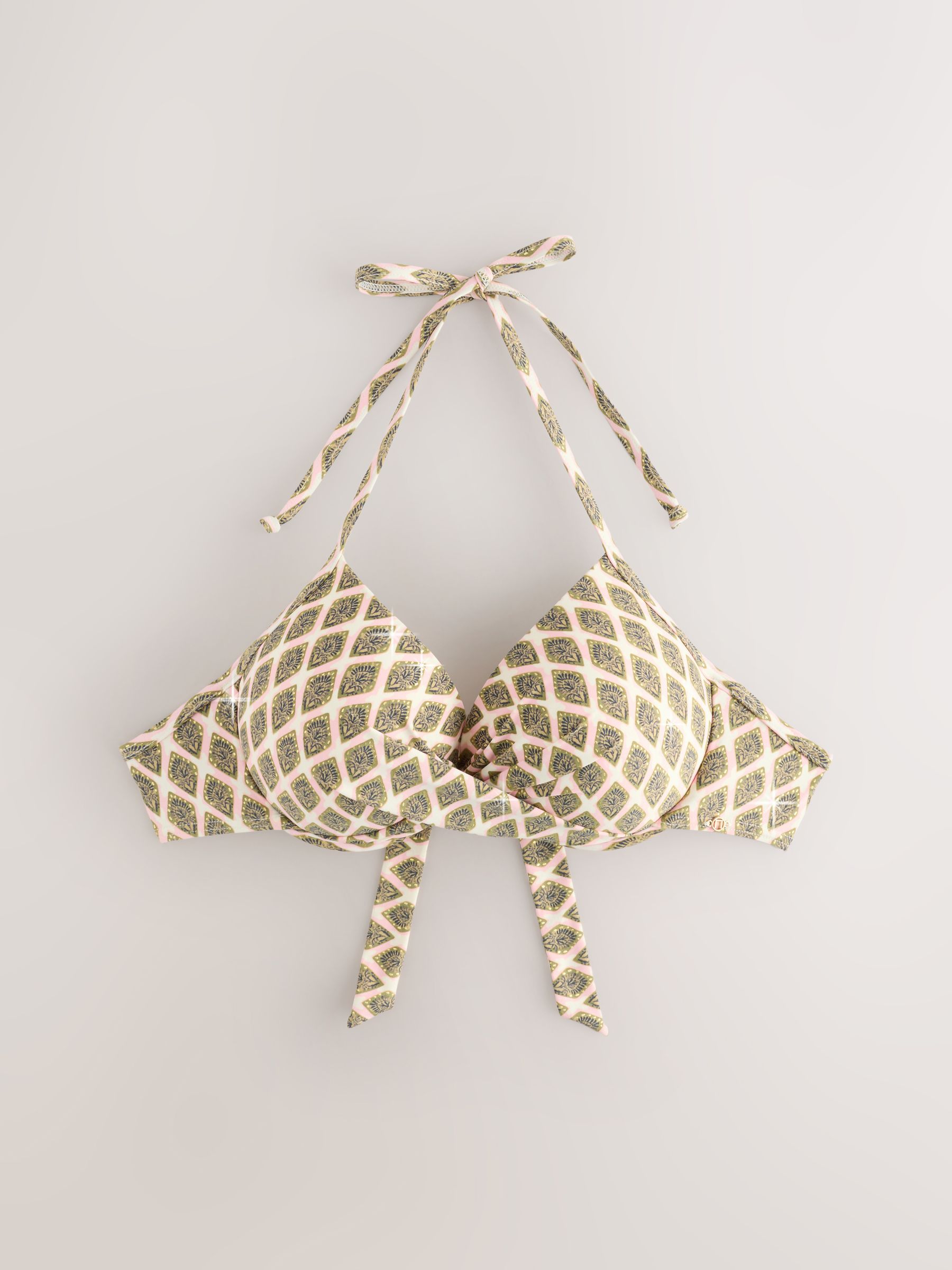 Buy Khaki Green/Cream Foil Woodblock Padded Wired Plunge Bikini Top ...
