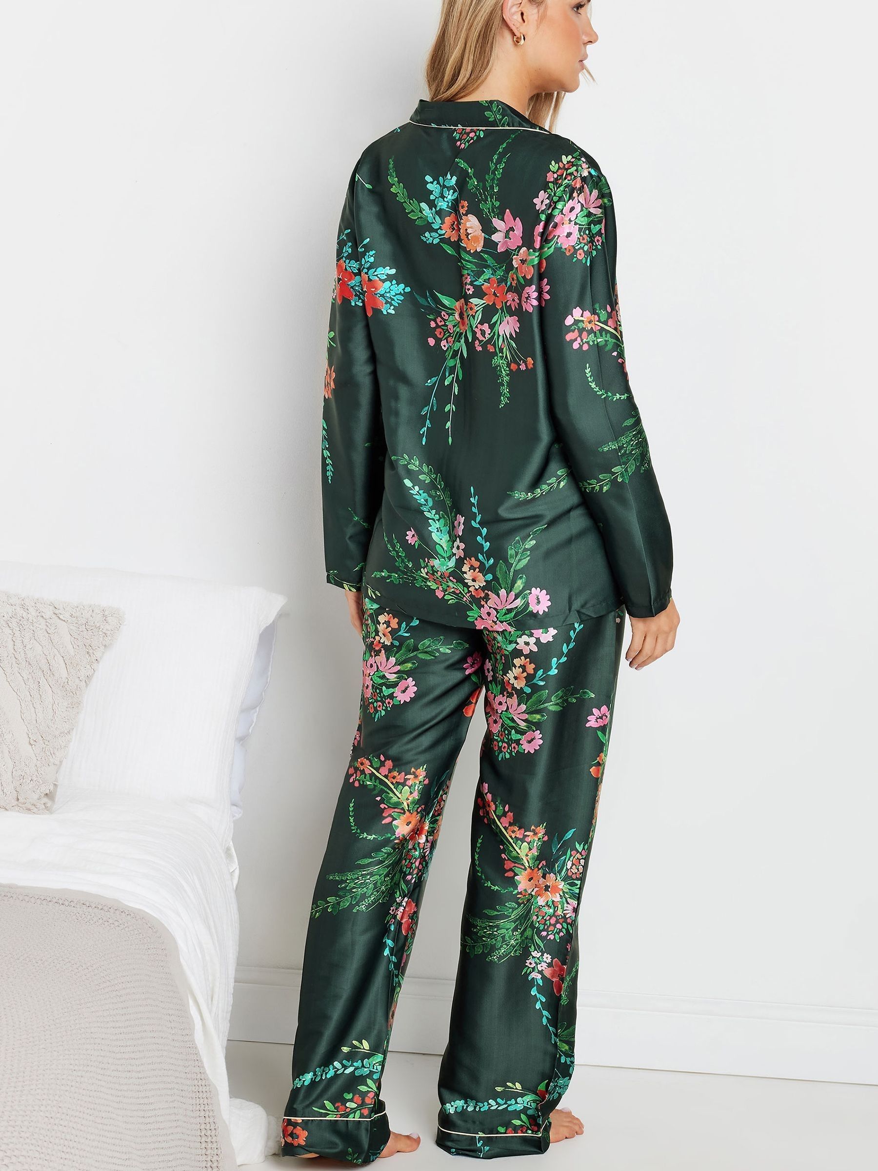 Buy Long Tall Sally Green Floral Print Satin Button Pyjamas Set from ...