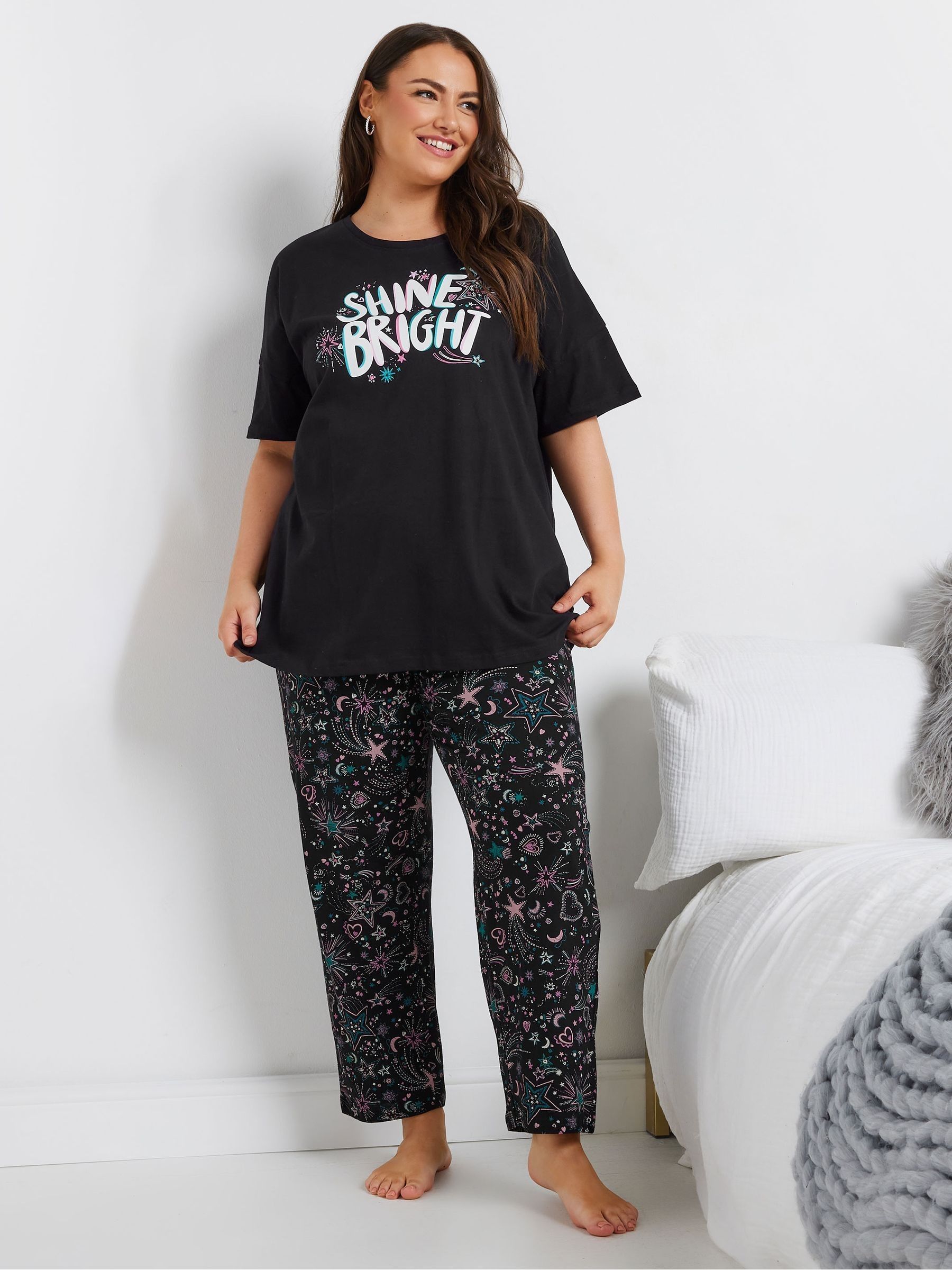 Buy Yours Curve Black Shine Bright Wide Leg 100% Cotton Pyjamas Set ...