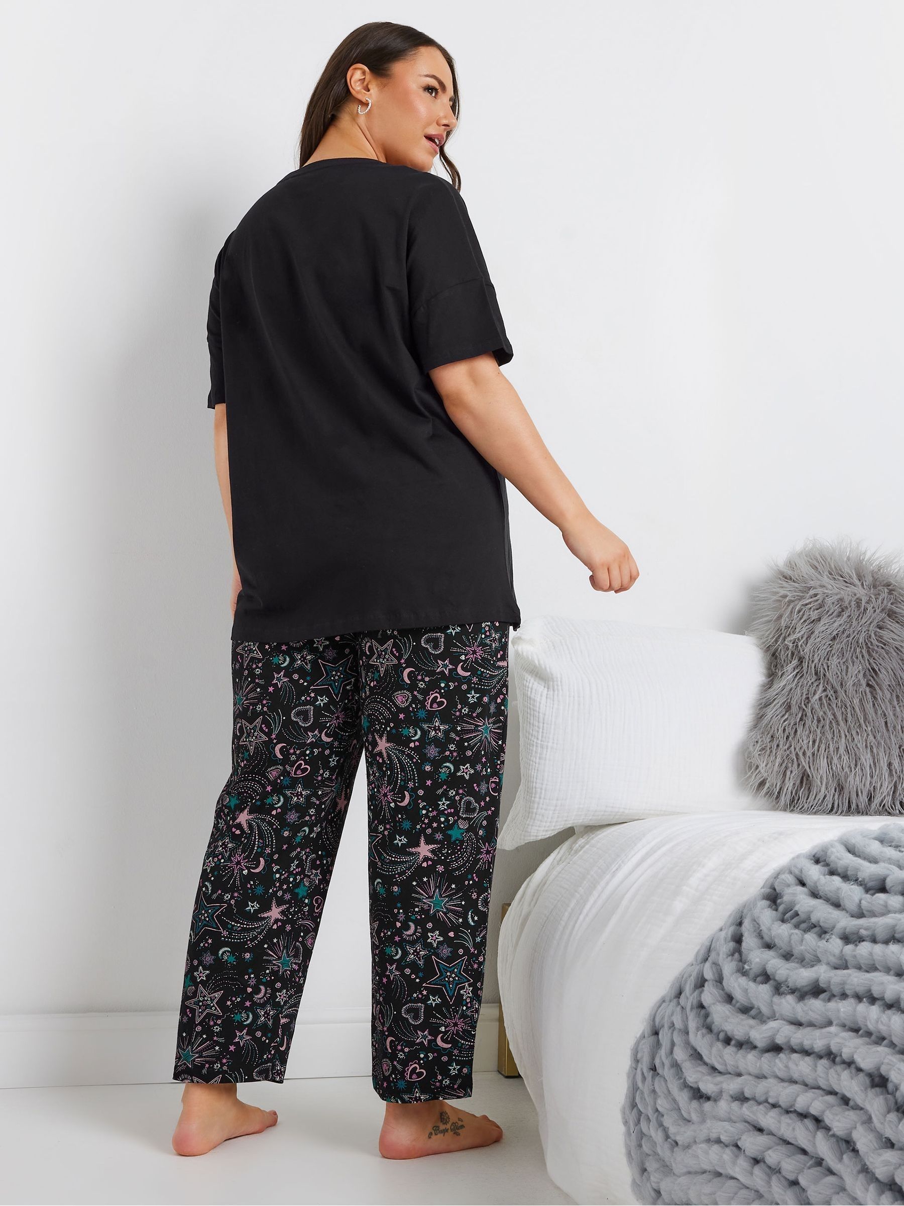 Buy Yours Curve Black Shine Bright Wide Leg 100% Cotton Pyjamas Set ...