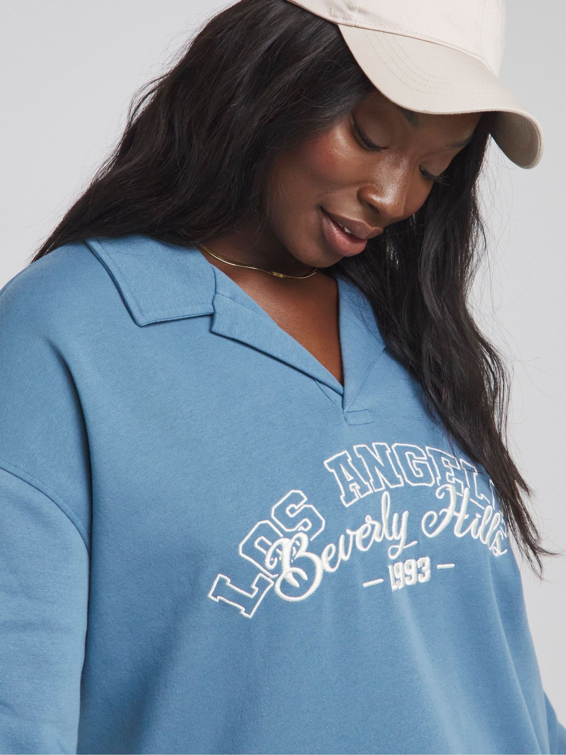 Buy Simply Be Blue Open Collar Slogan Sweatshirt from Next Ireland