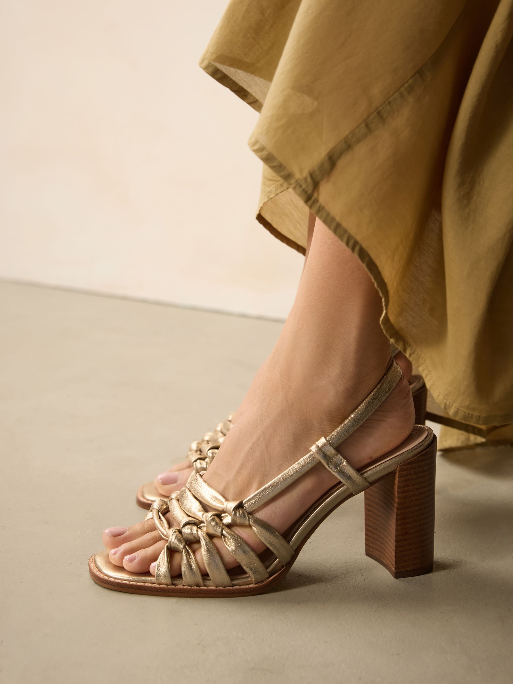 Buy Gold Signature Premium Leather Square Toe Cage Slingback Block Heel ...