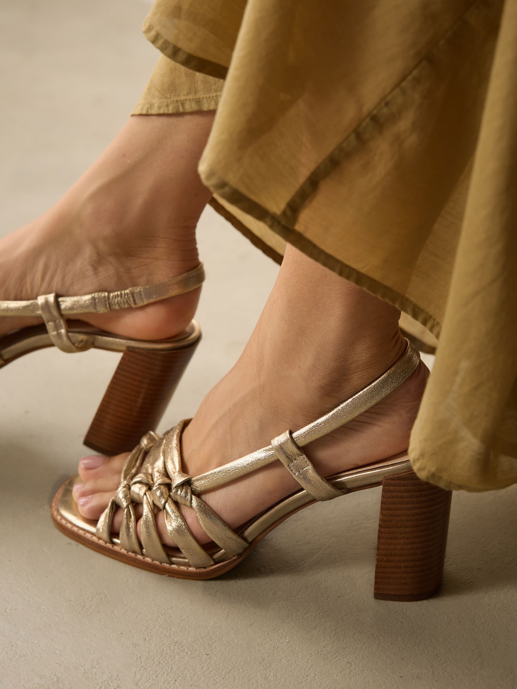 Buy Gold Signature Premium Leather Square Toe Cage Slingback Block Heel ...