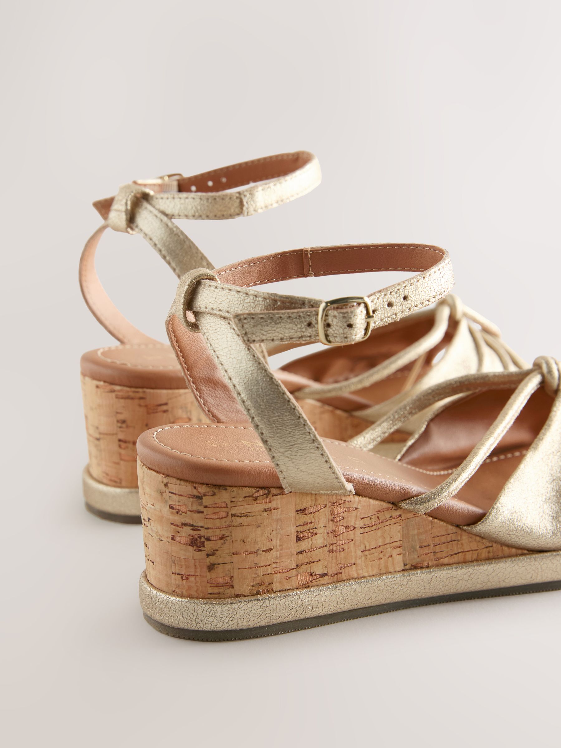 Buy Gold Leather Round Toe Ruched Detail Cork Wedge Heels from the Next ...