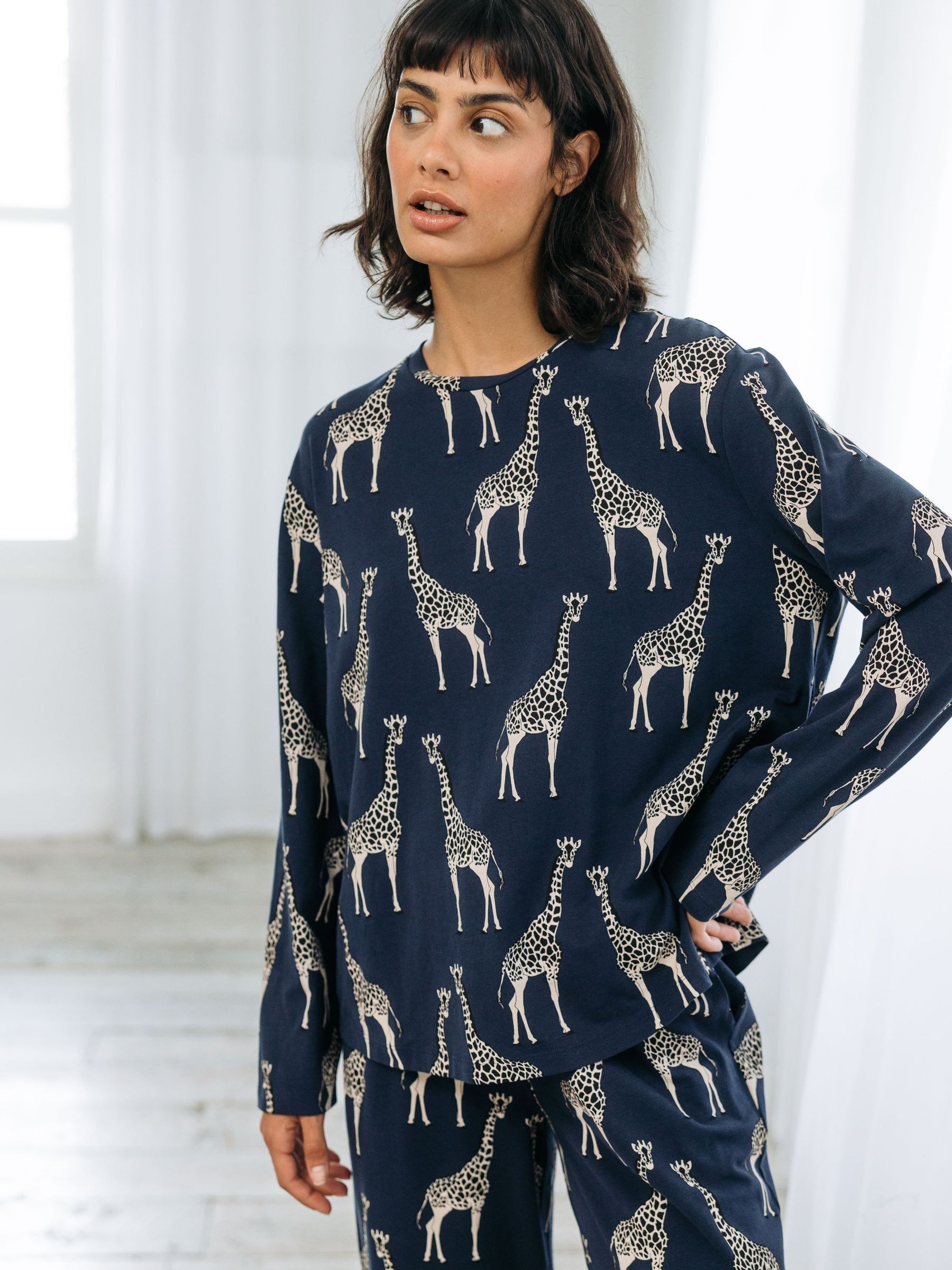 Buy Chelsea Peers Blue Organic Cotton Giraffe Print Long Pyjama Set ...