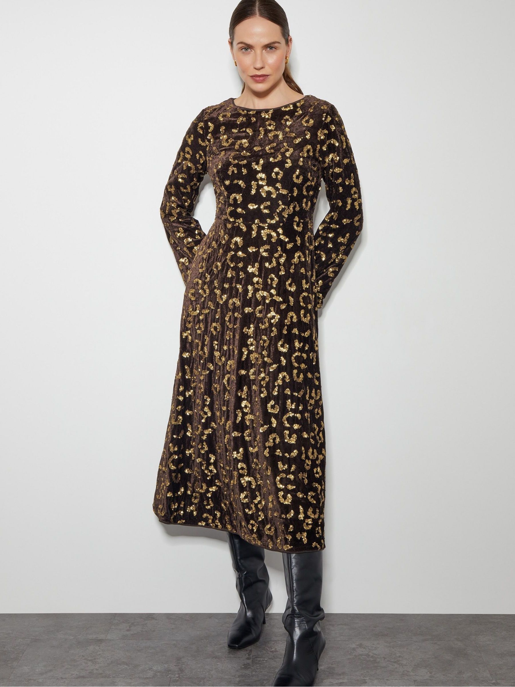 Buy Monsoon Brown Arwen Sequin Leopard Velvet Midi Dress from the Next ...