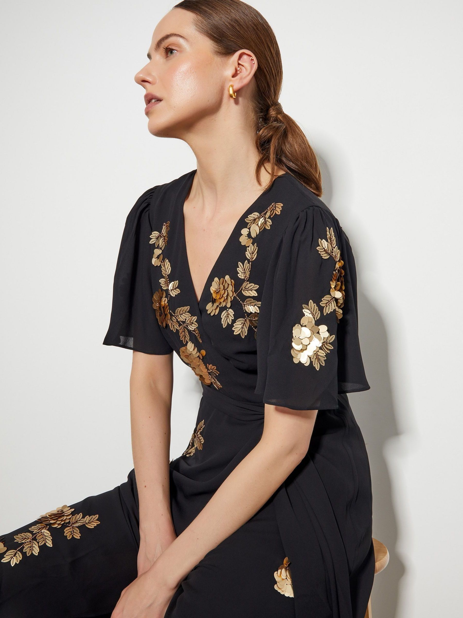 Buy Monsoon Black Sarah Sequin Floral Midi Wrap Dress from the Next UK ...