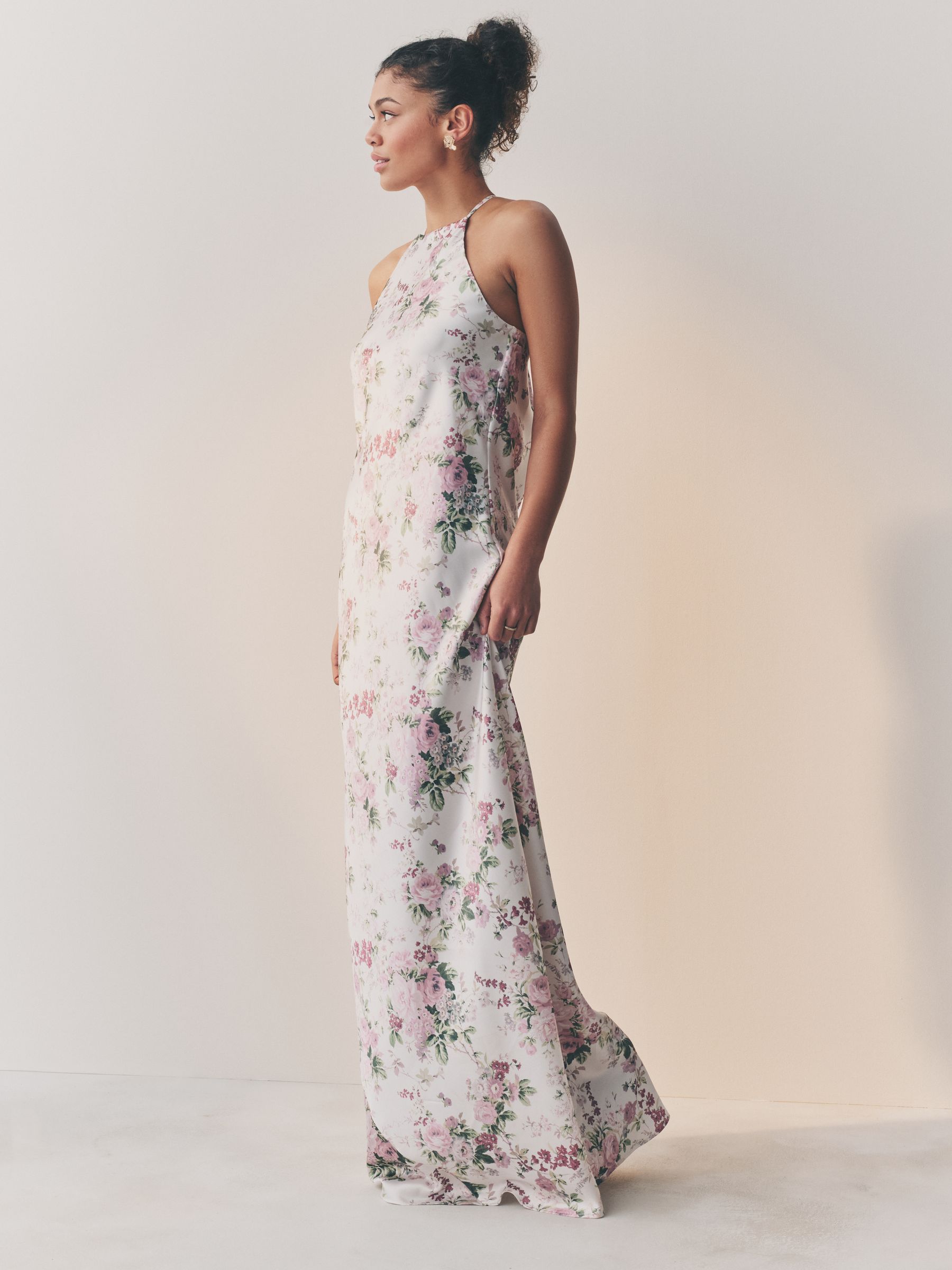 Buy White and Pink Floral Satin Halterneck Wedding Guest Bridesmaid ...