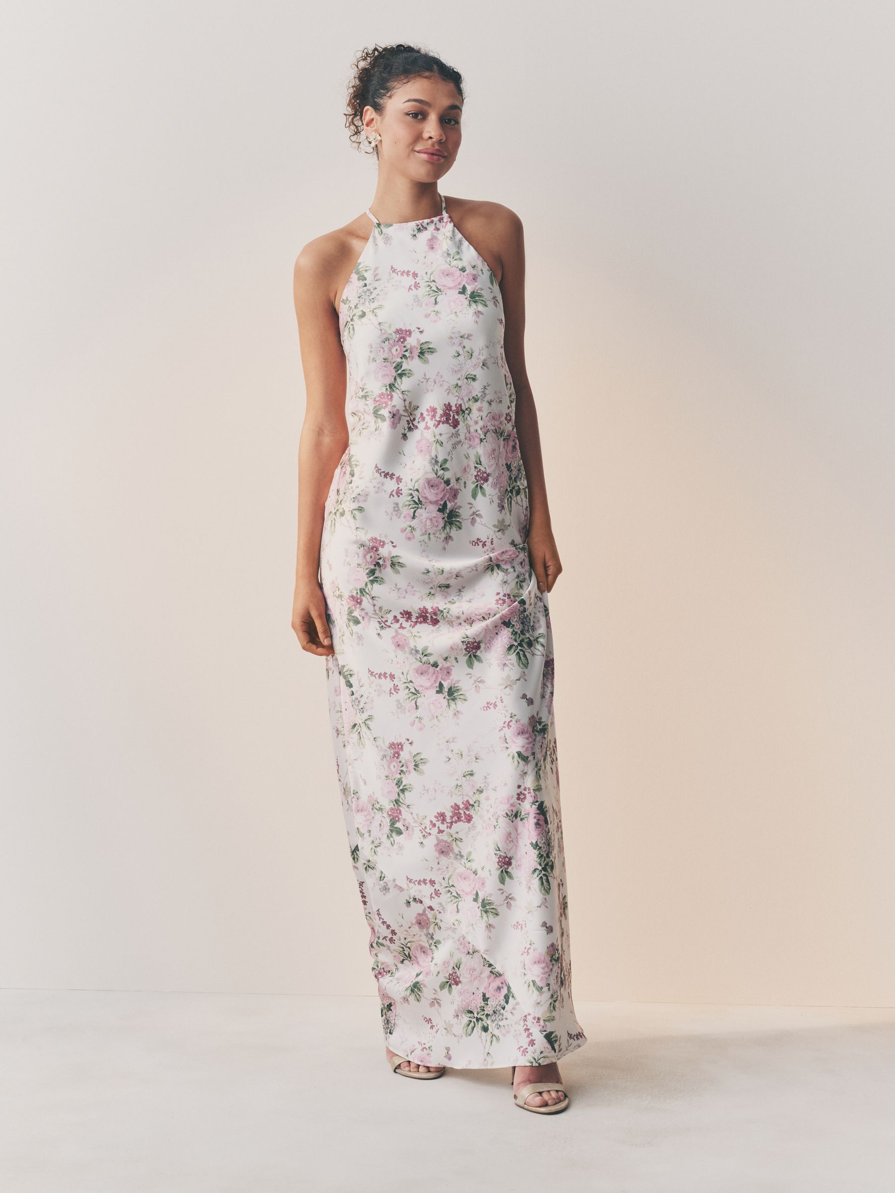 Buy White and Pink Floral Satin Halterneck Wedding Guest Bridesmaid ...