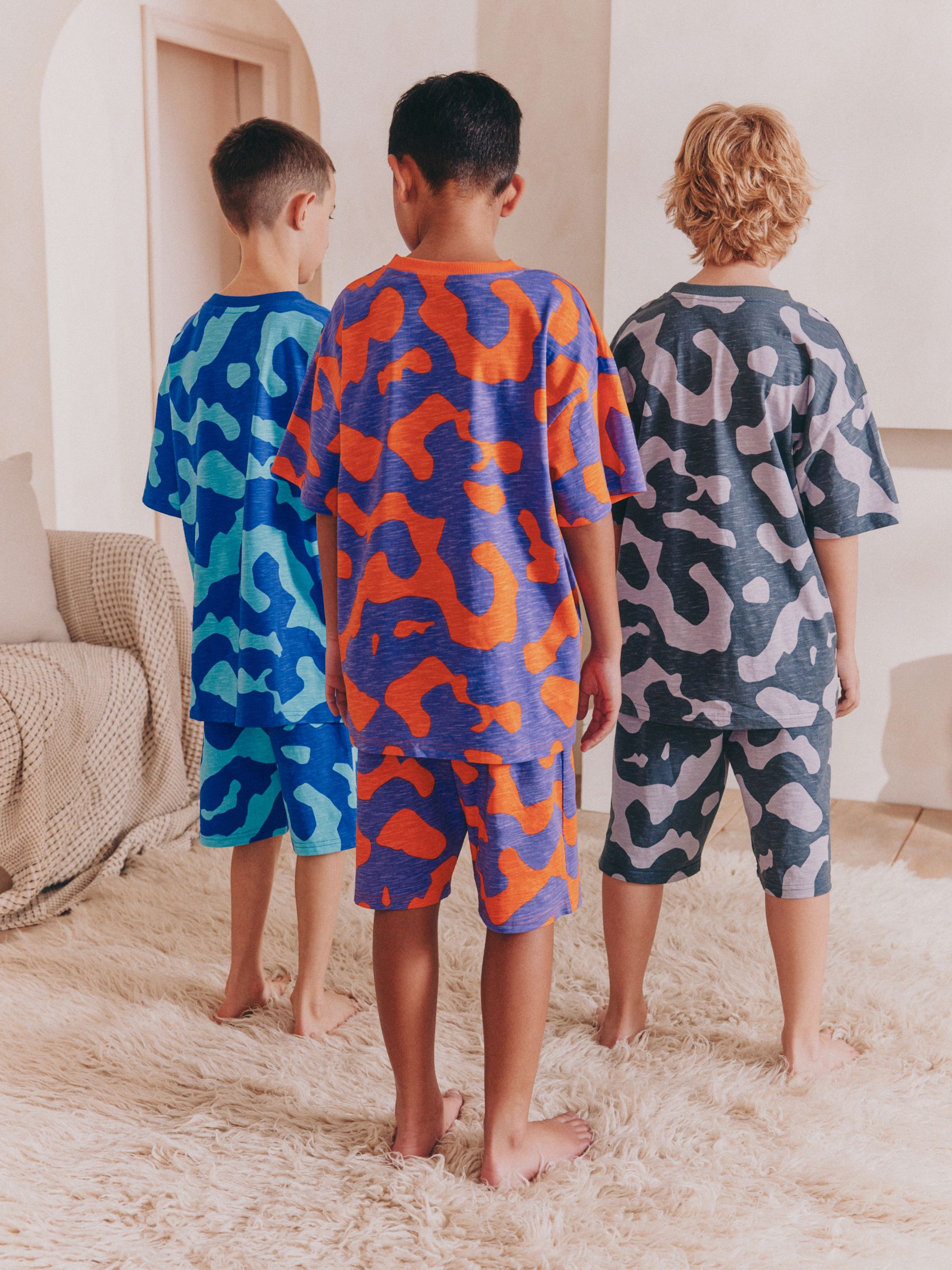 Buy Orange/ Blue/ Grey Camouflage 100% Cotton Short Pyjamas 3 Pack (3 ...