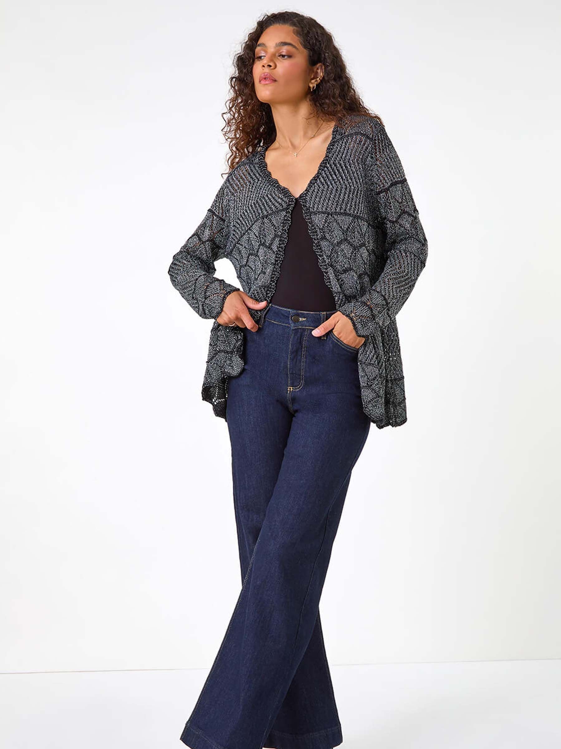 Buy Roman Black Shimmer Crew Neck Knit Cardigan from the Next UK online ...