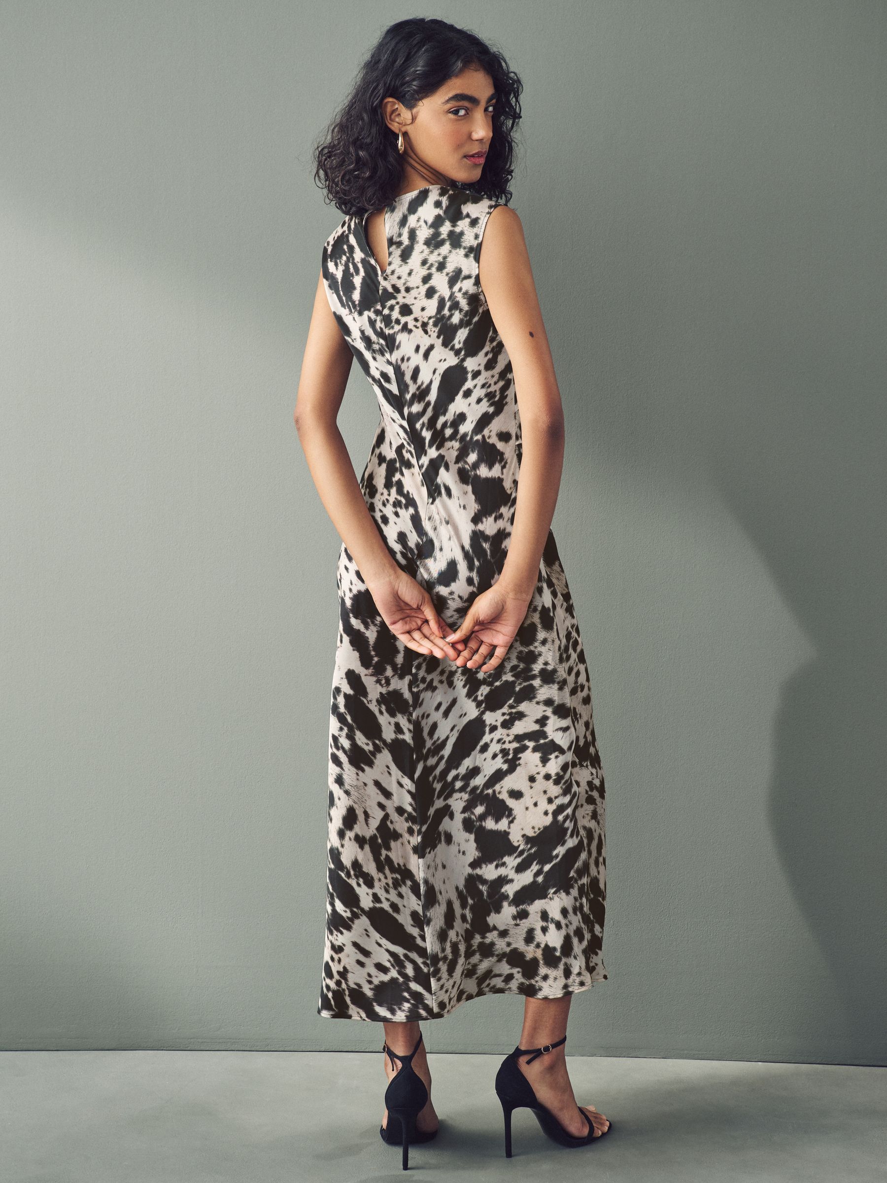 Buy Brown Cow Animal Print Sleeveless Satin Drape Waist Detail Midi ...