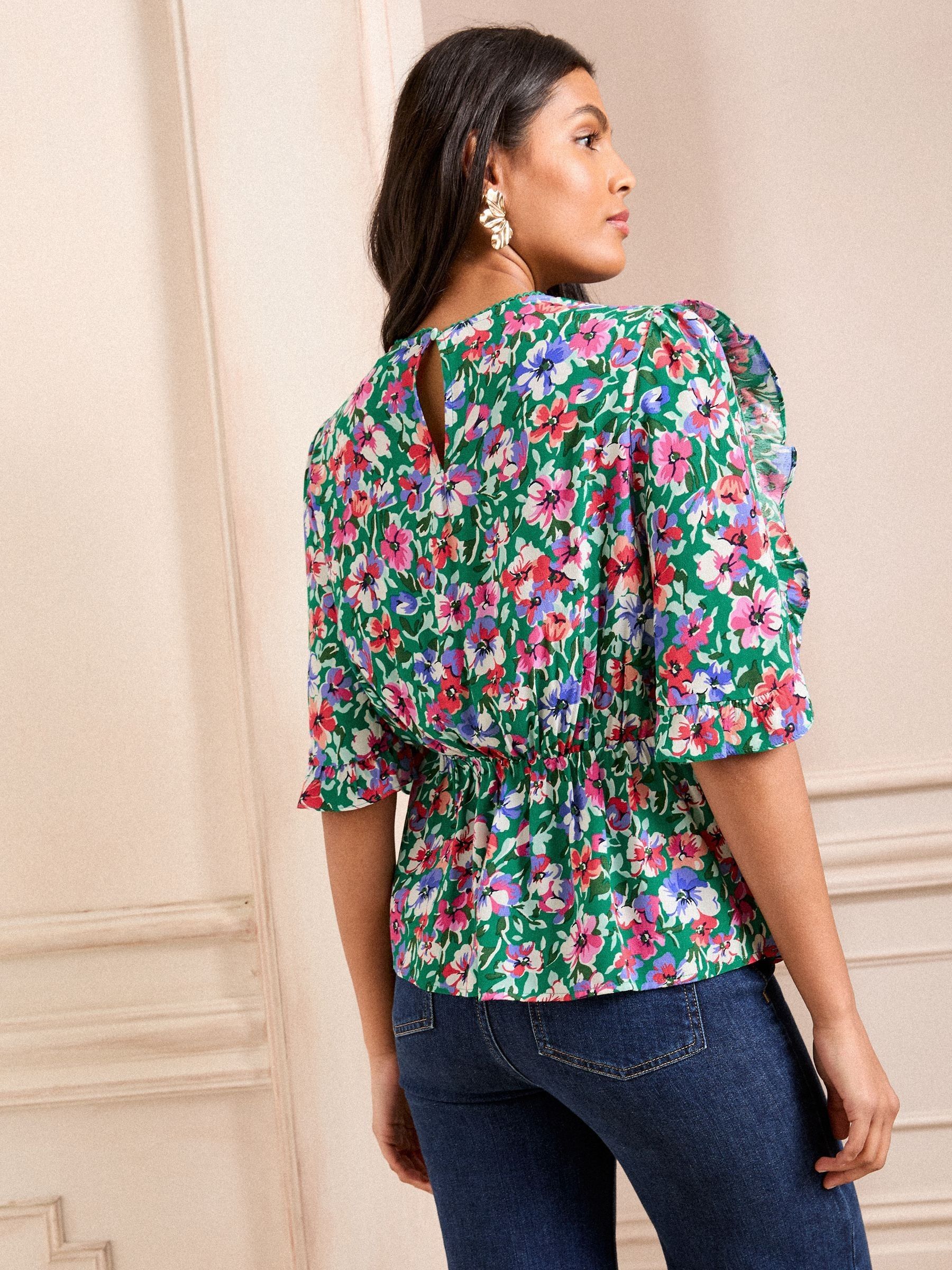 Buy Love & Roses Green Floral Printed Ruffle Detail Crew Neck Tea Top ...
