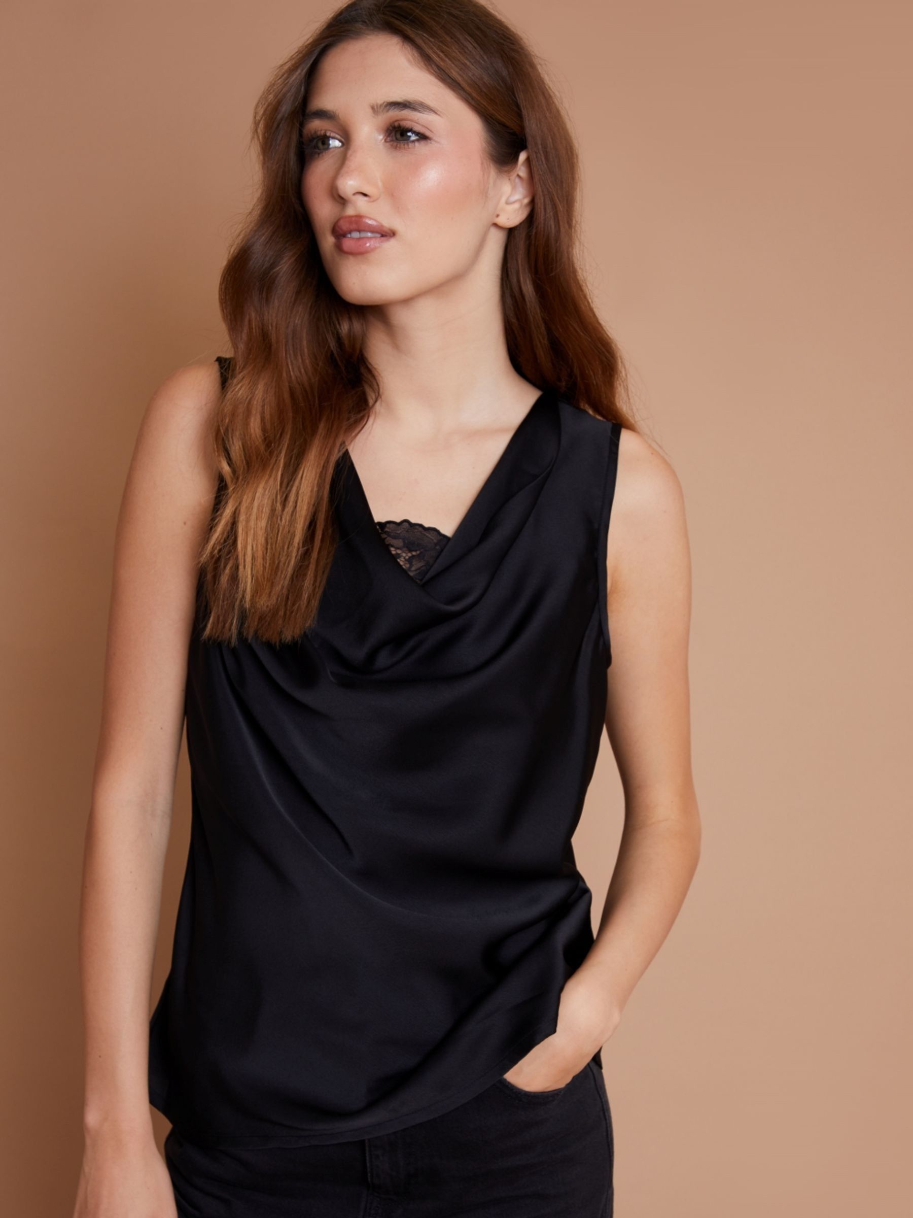 Buy Another Sunday Black Satin Sleeveless Cowl Neck Top With Lace ...