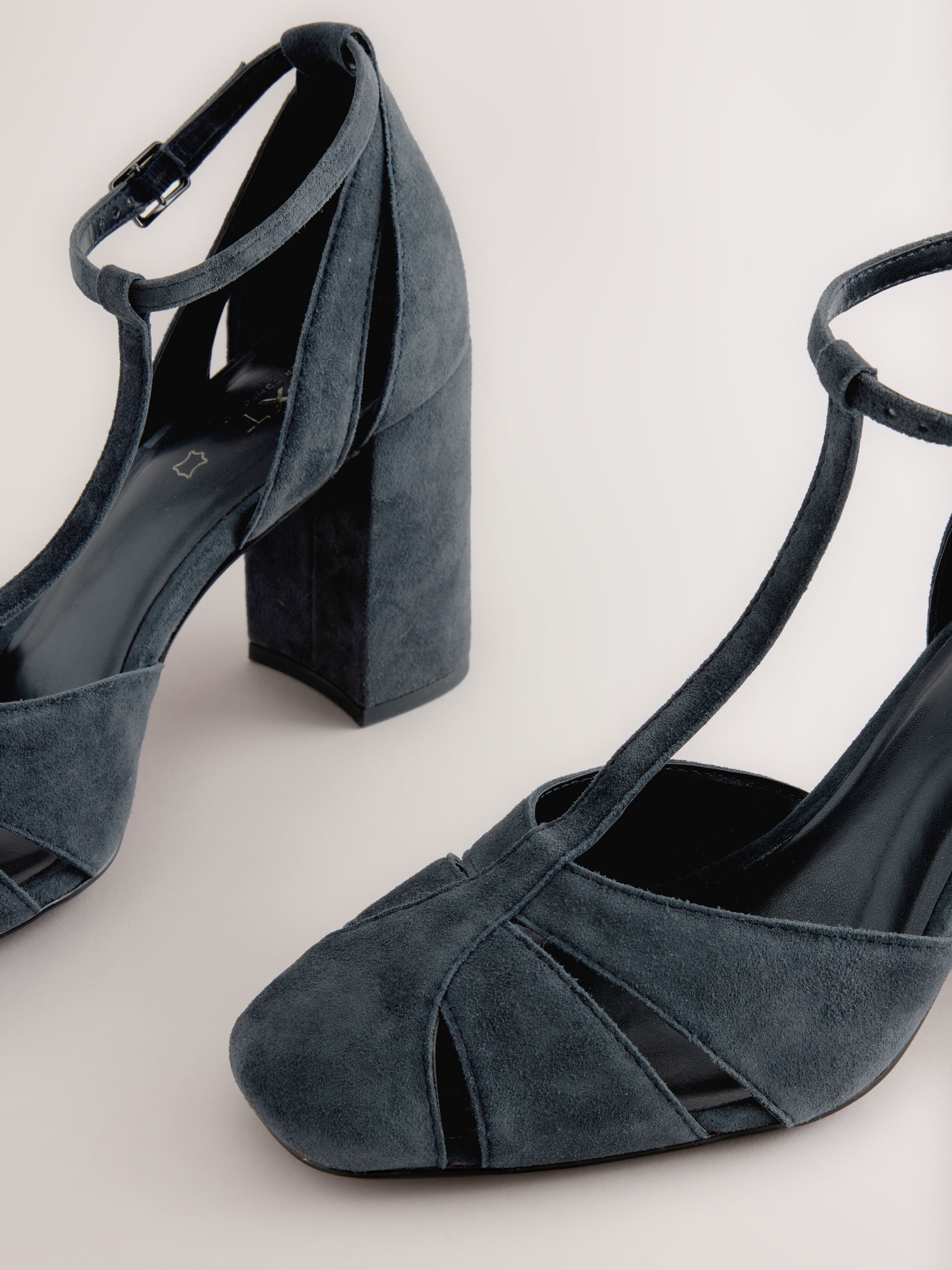 Buy Navy Forever Comfort® Leather Round Toe Cut Out T-Bar Block Heel ...