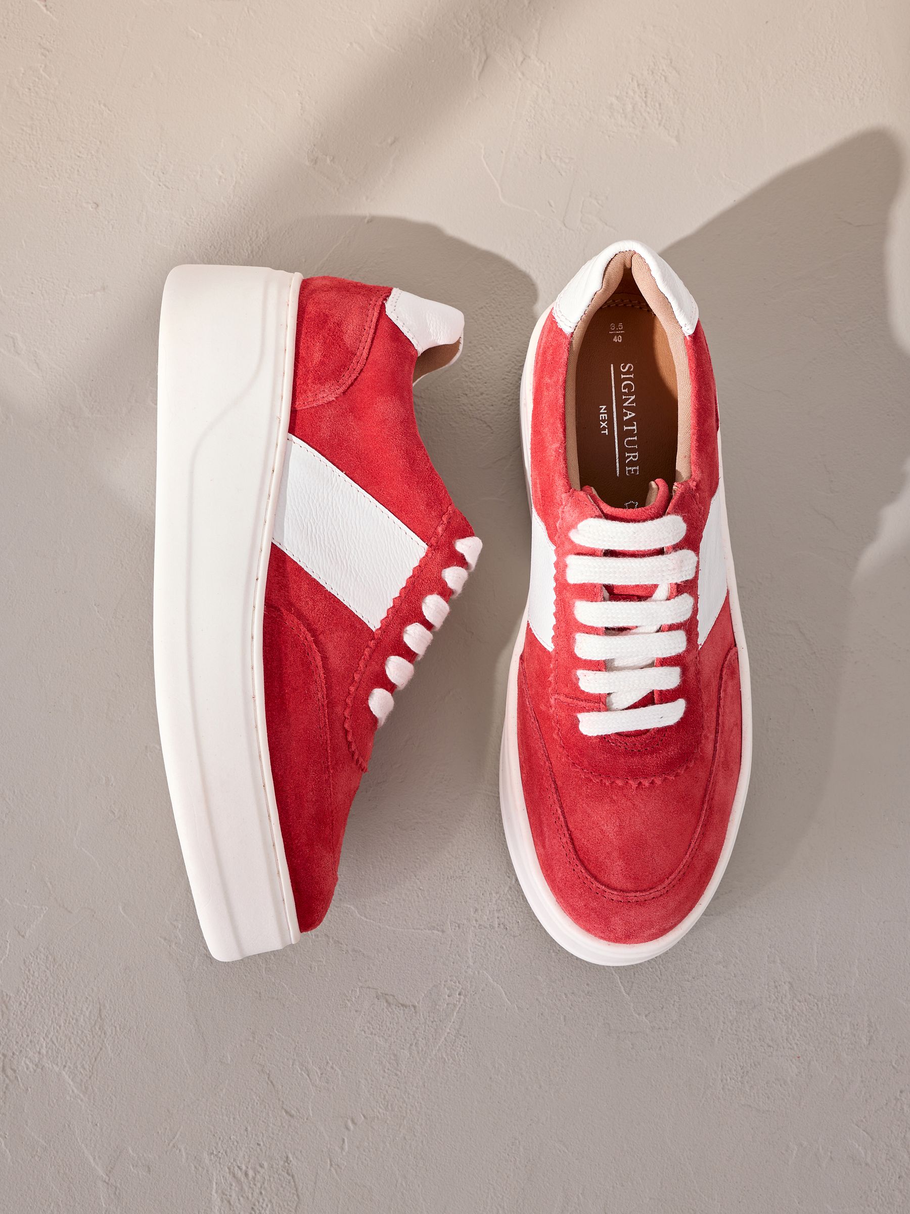 Buy Red Lace Up Signature Premium Leather Chunky Wedge Lace-Up Trainers ...